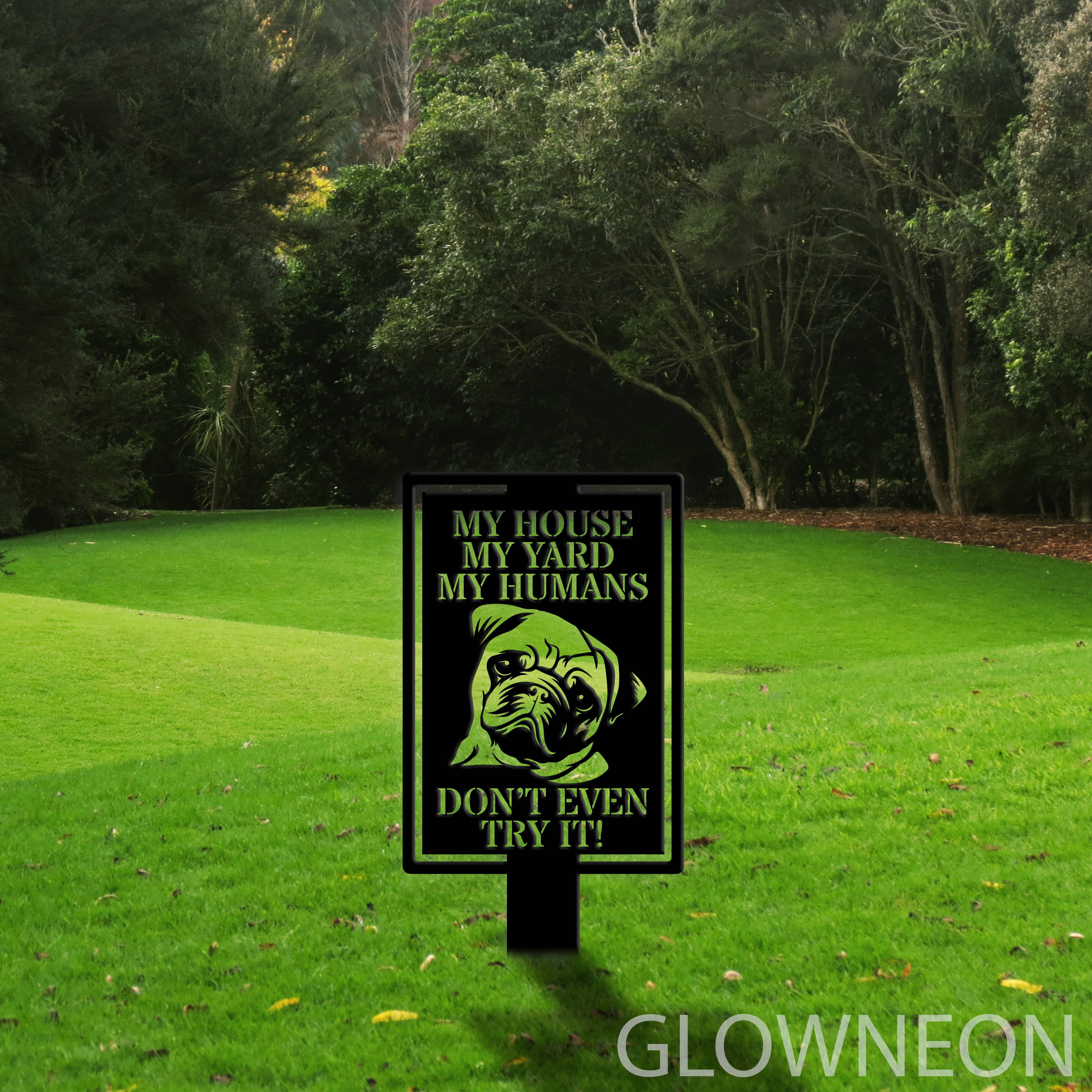 Glowneon Backyard Warning Pug Dog Metal Yard Stake Garden Decor Sign ...
