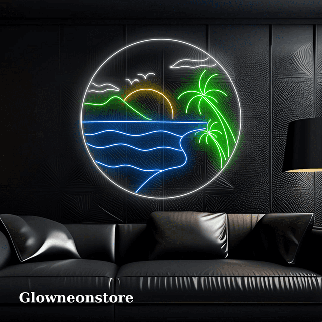 Glowneon Beach Landscape Neon Sign, Sun Ocean Waves Palm Tree Led ...