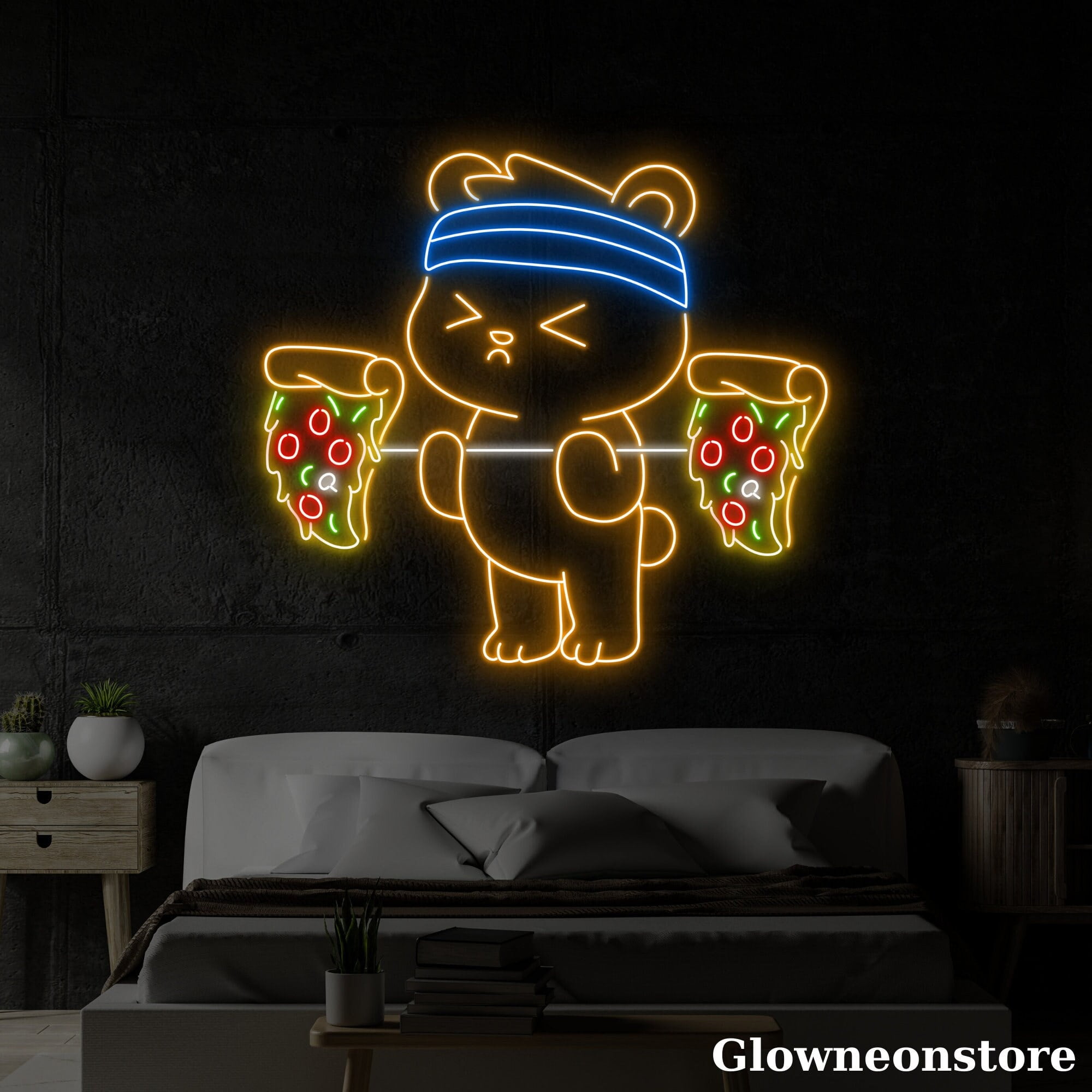 Glowneon Bear Lifting The Pizza Neon Sign, Pizza Led Sign, Welcome Open ...