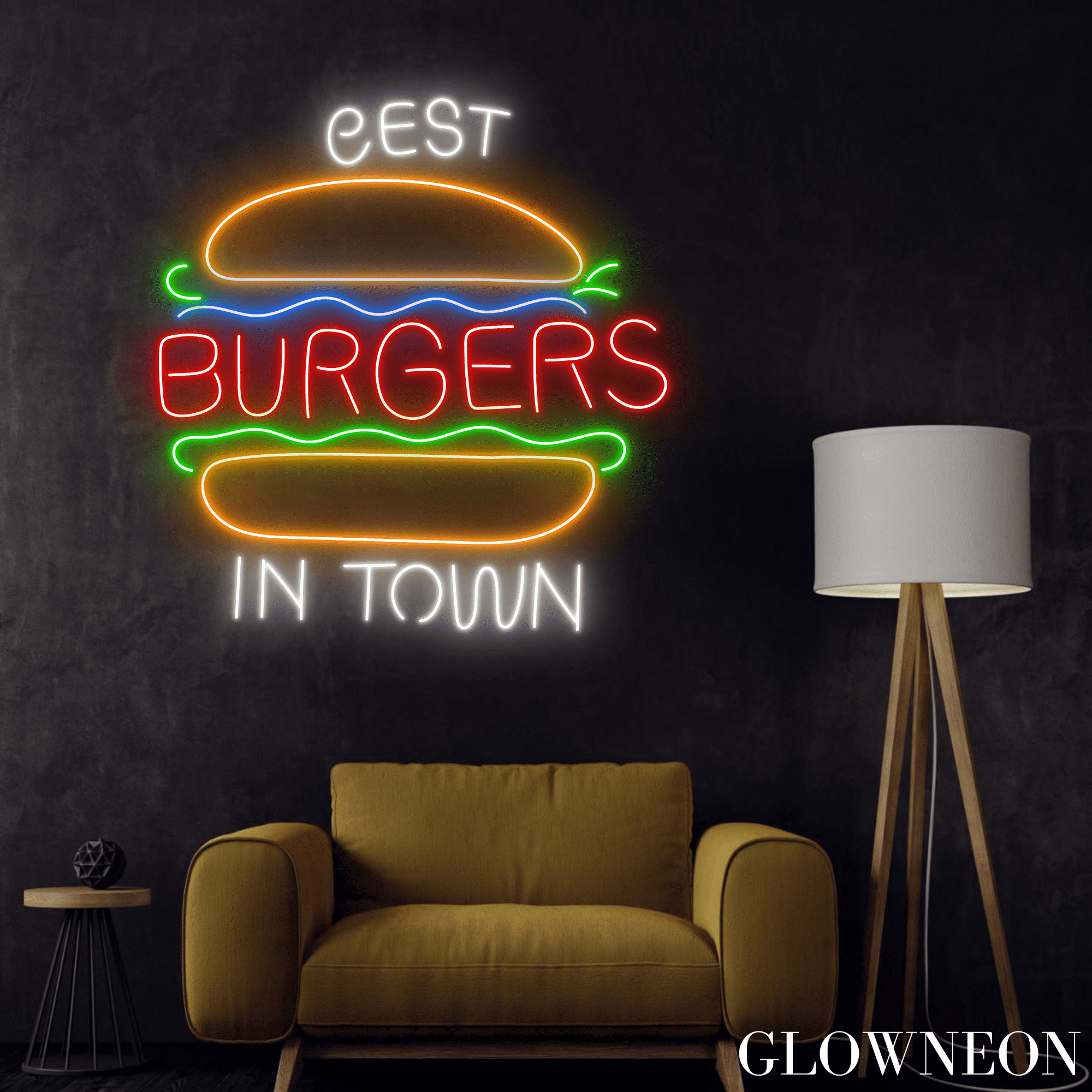 Glowneon Best Burgers In Town Neon Sign, Burger Fast Food Led Decor ...