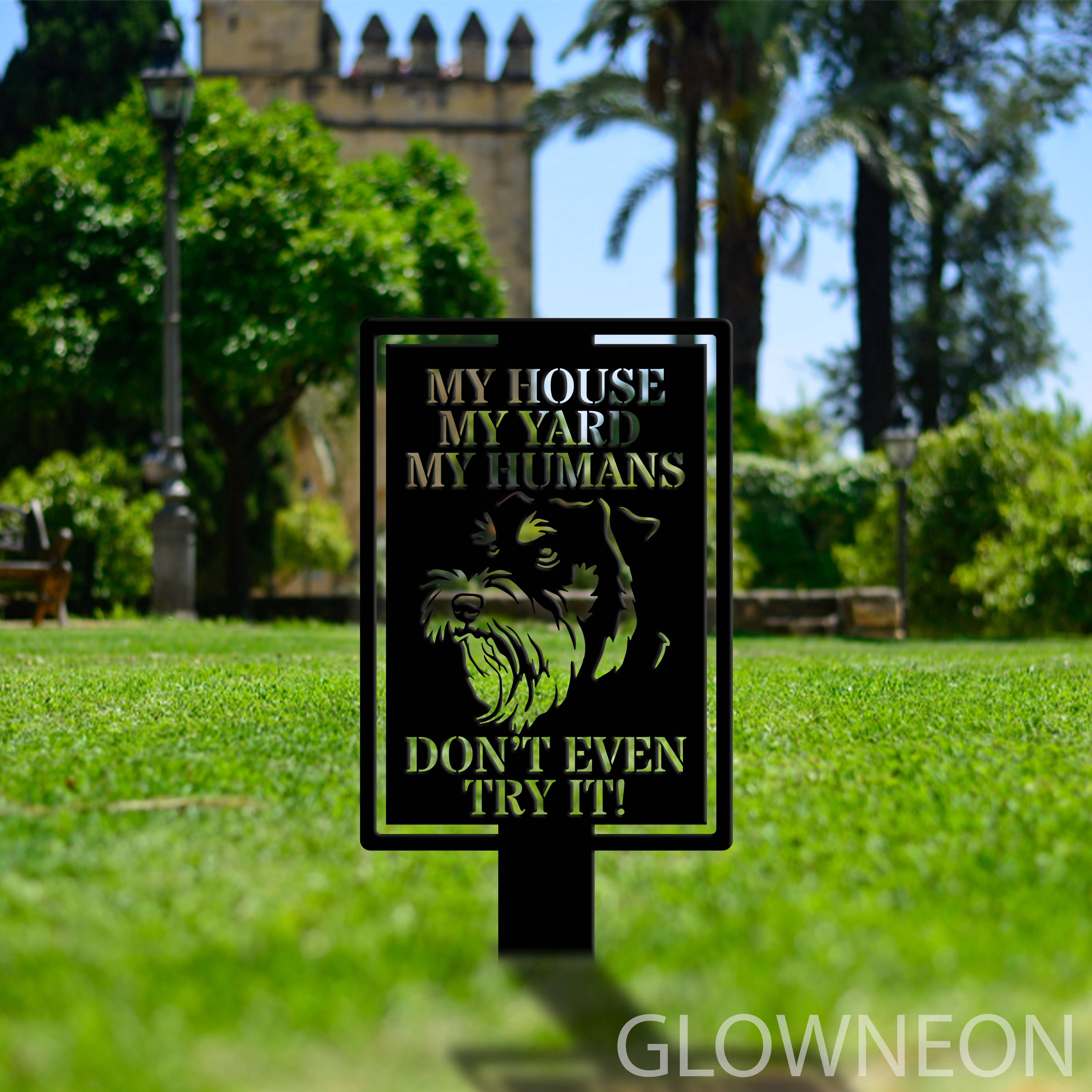 Glowneon Beware Of Dog Sign, Miniature Schnauzer Dog Metal Yard Stake ...