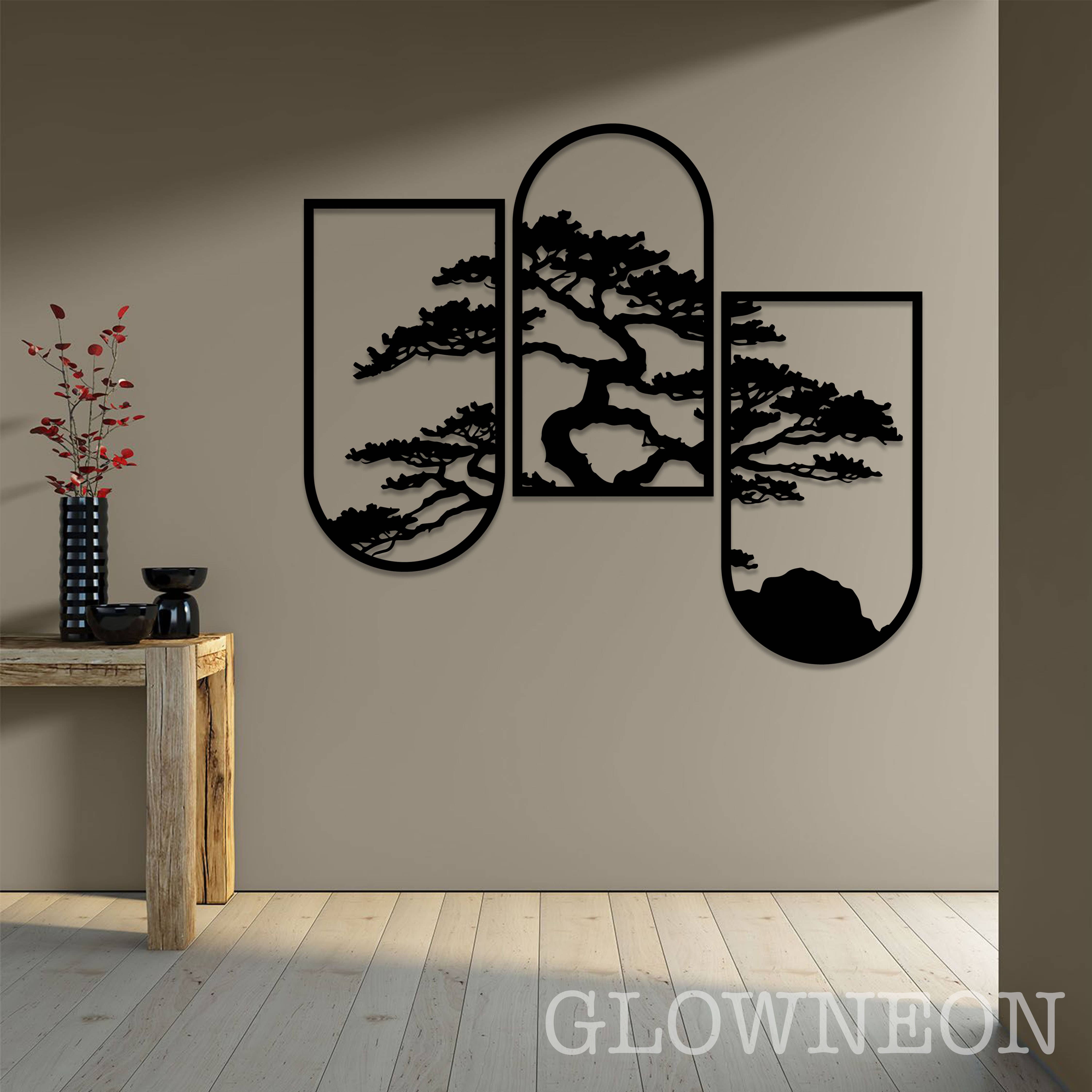 Glowneon Bonsai Tree Metal Wall Art, Tropical Bonsai 3 Panel Wall Art ...