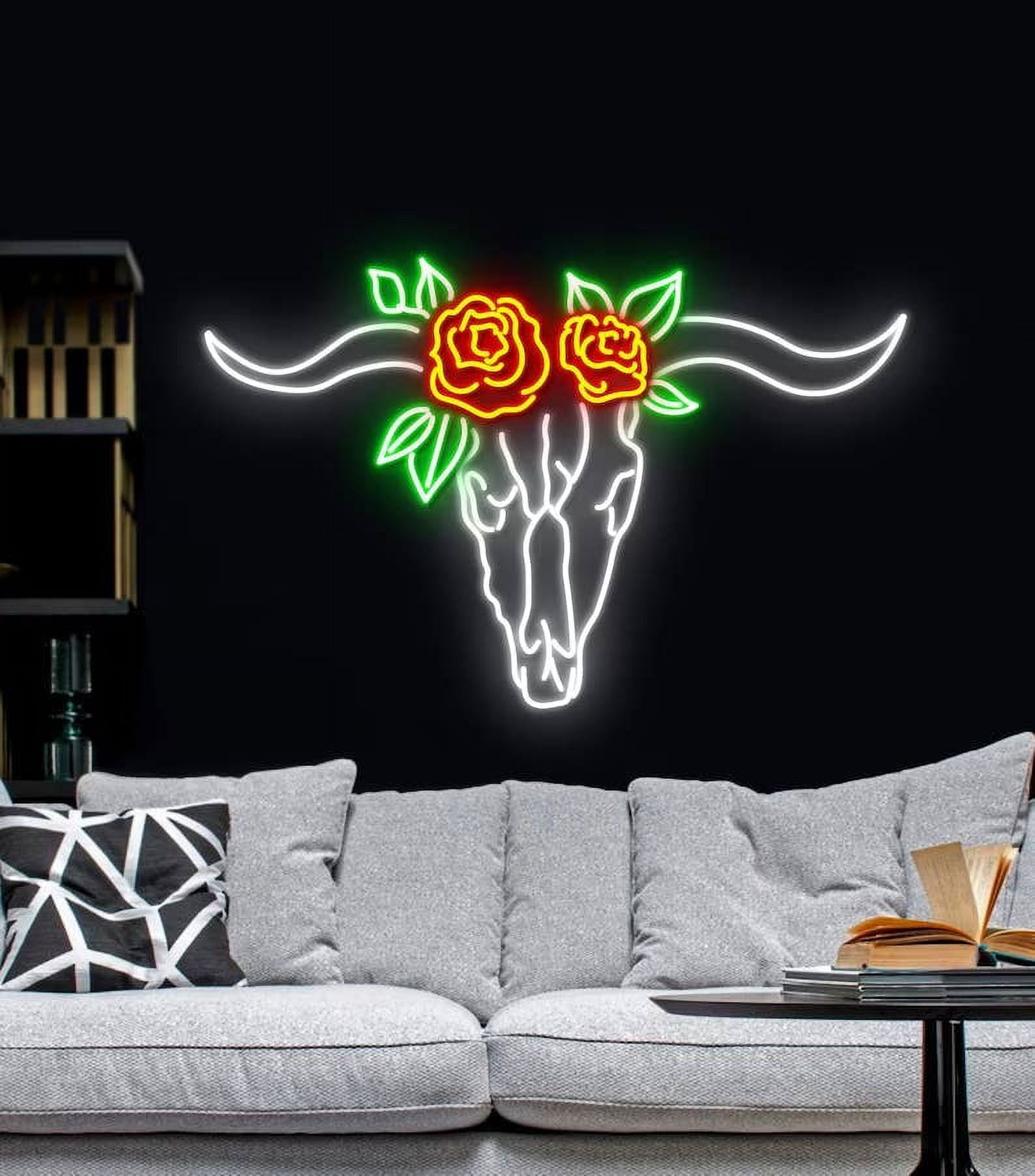 Glowneon Bull w/ Rose Neon Sign, Animal Long-lasting Wall Art Decor ...