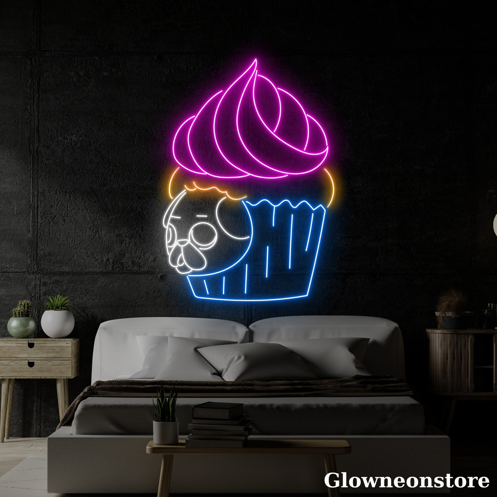 Glowneon Bulldog Cupcake Neon Sign, Bulldog Cakes LED Sign, Restaurant ...