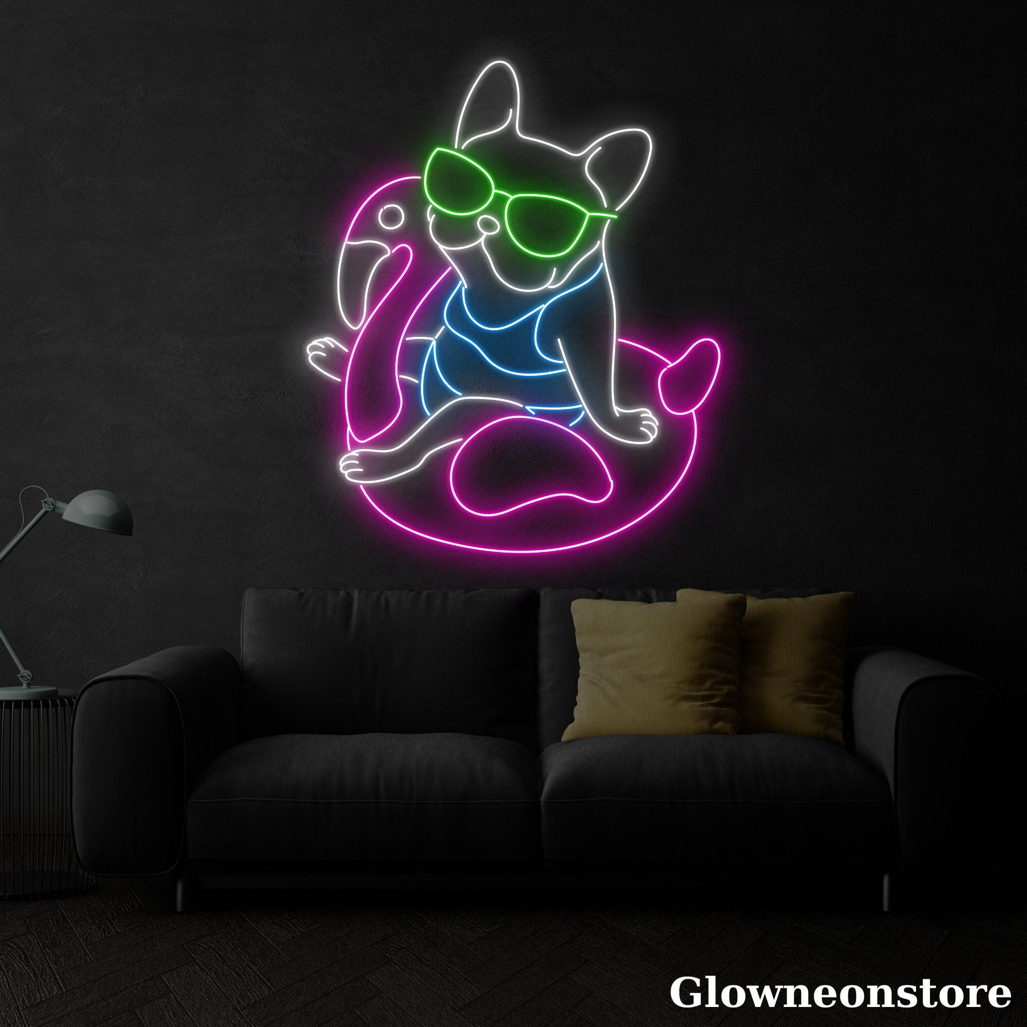 Glowneon Bulldog With Flamingo Pool Float Neon Sign, Bulldog Led Sign ...