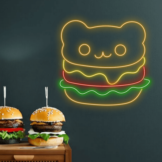 Glowneon Burger Bear Neon Signs, Fast Food Burger Restaurant Decor ...