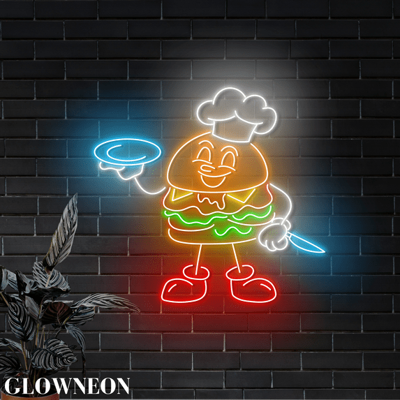Glowneon Burger Chef Led Wall Art, Fast Food Burger Restaurant Decor ...