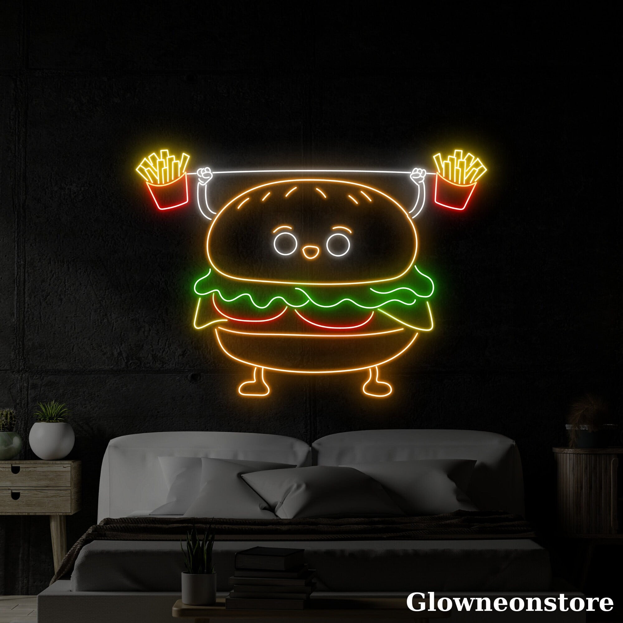Glowneon Burger Lifting French Fries Neon Sign, Hamburger LED Sign ...
