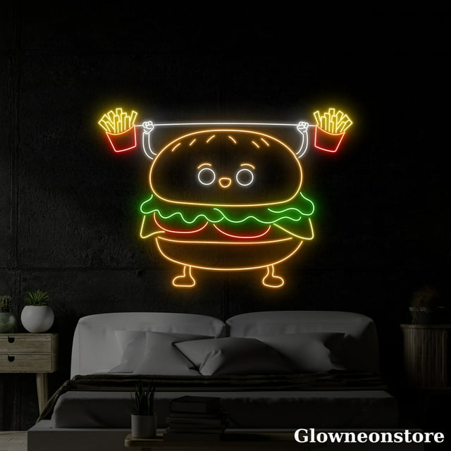 Glowneon Burger Lifting French Fries Neon Sign, Hamburger LED Sign ...