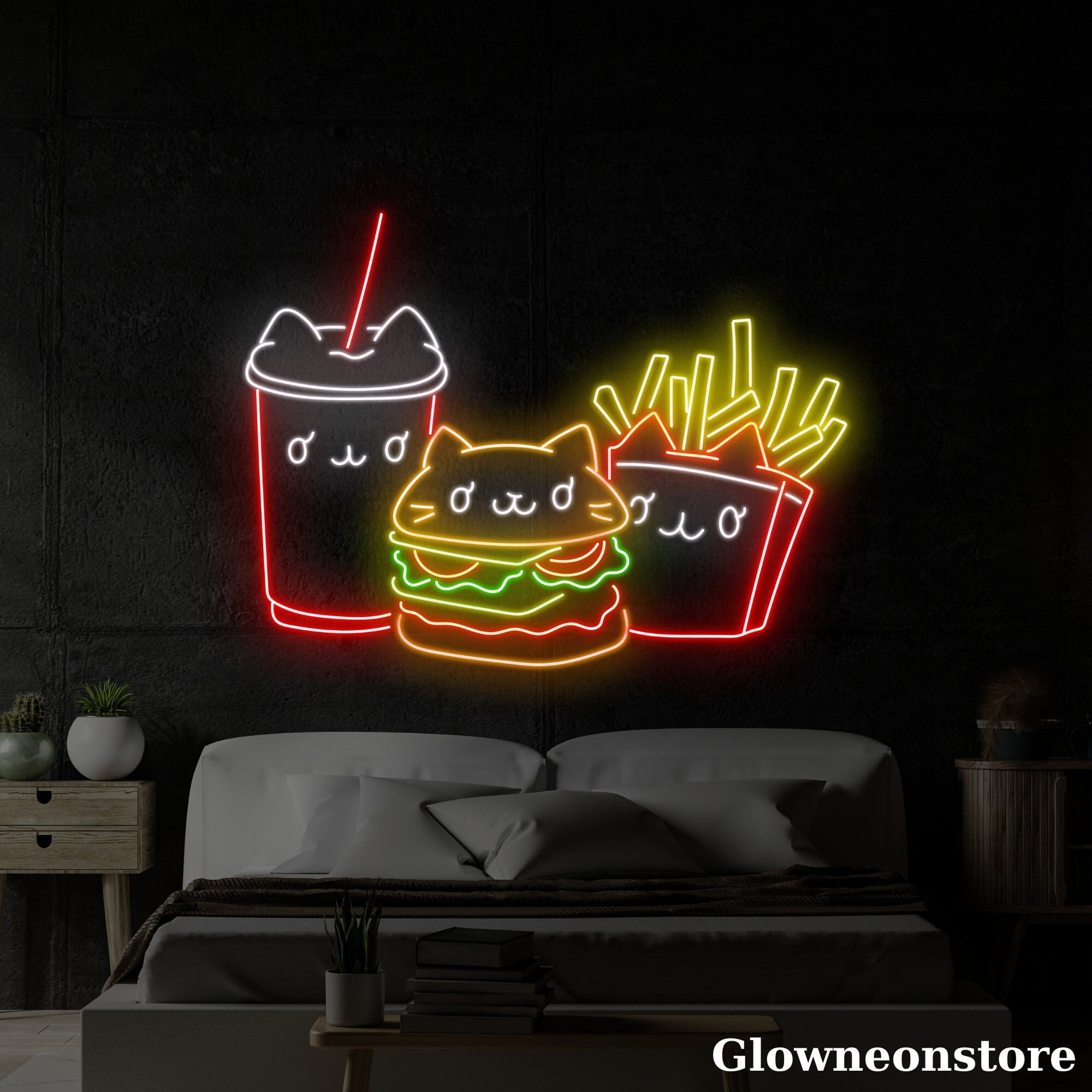 Glowneon Burger Neon Sign, Hamburger Hotdog French Fries Led Light ...
