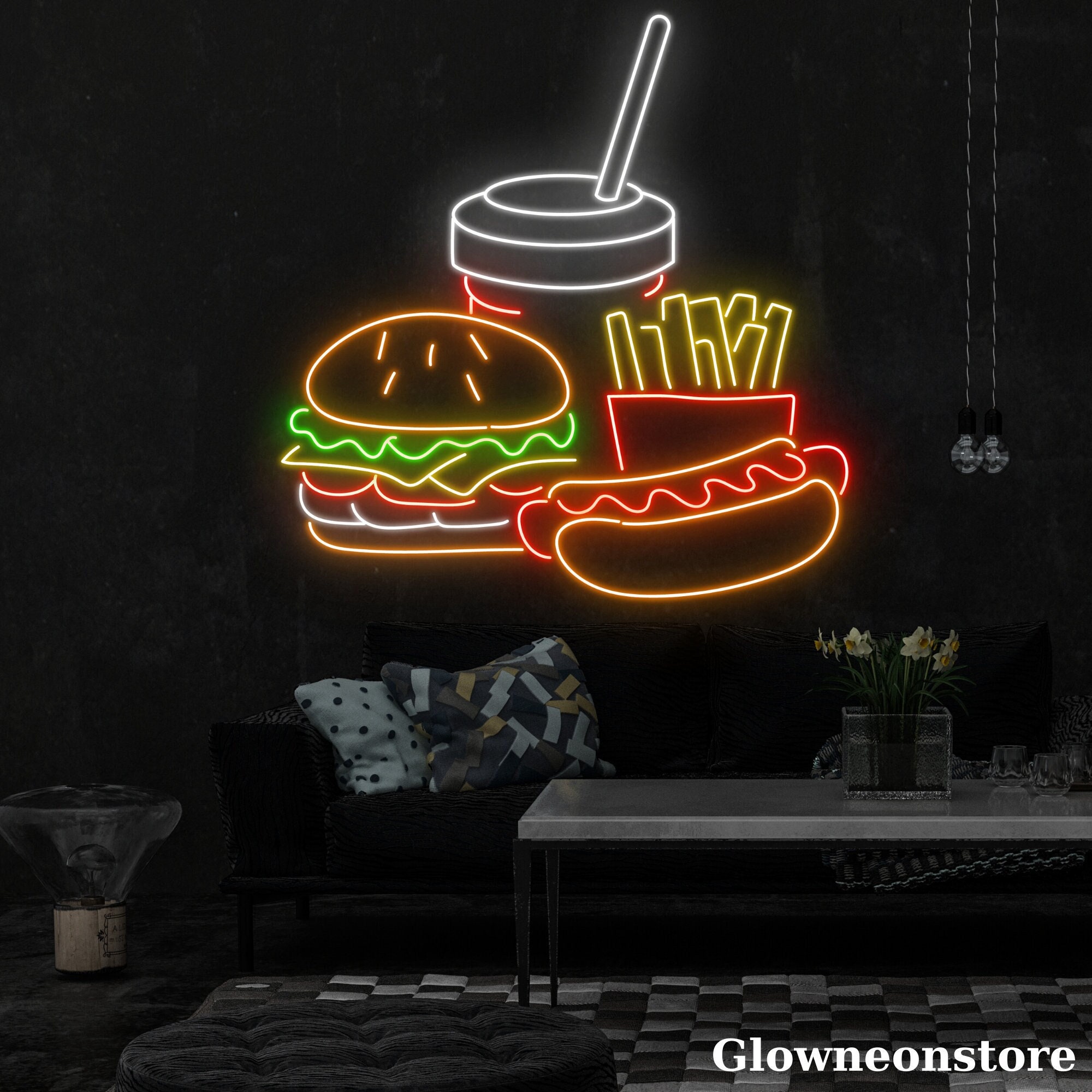 Glowneon Burger Neon Sign, Hotdog French Fries Led Light, Fast Food ...