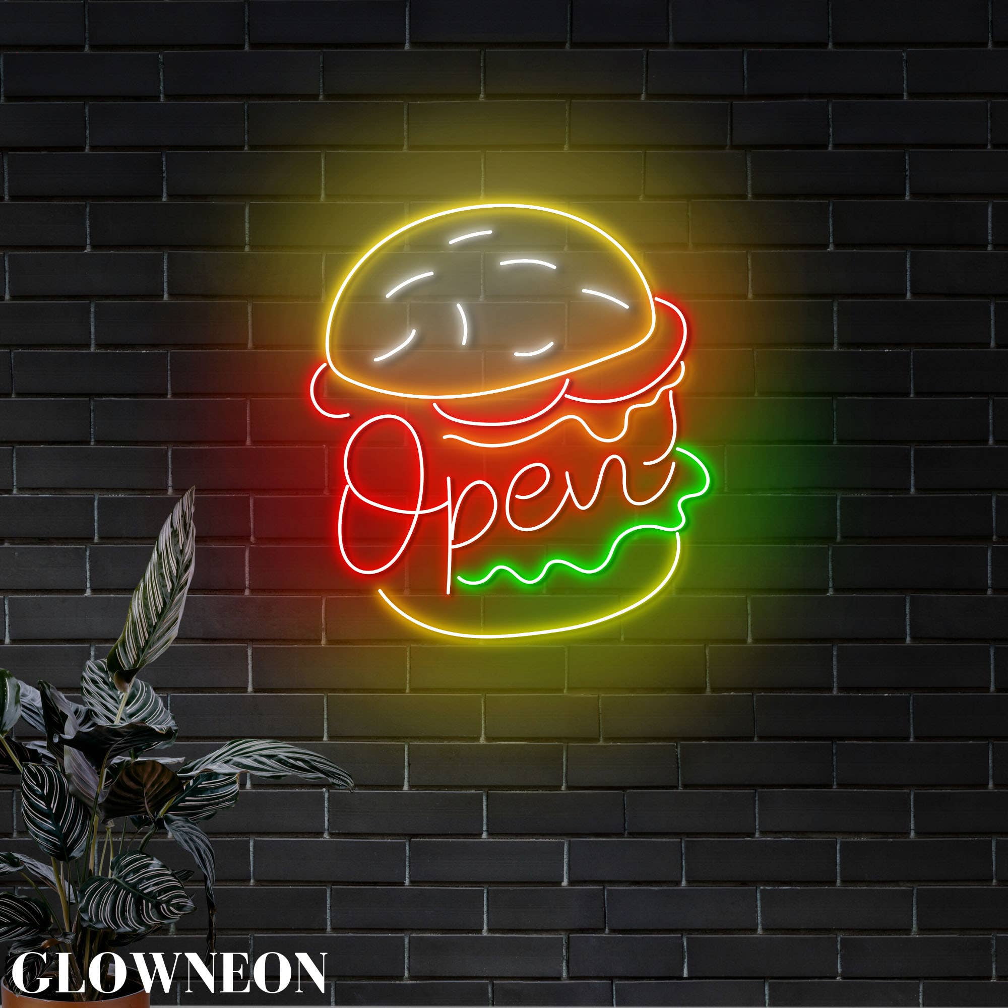 Glowneon Burger Open Wall Art Led Light, Burger Store Neon Light Sign ...