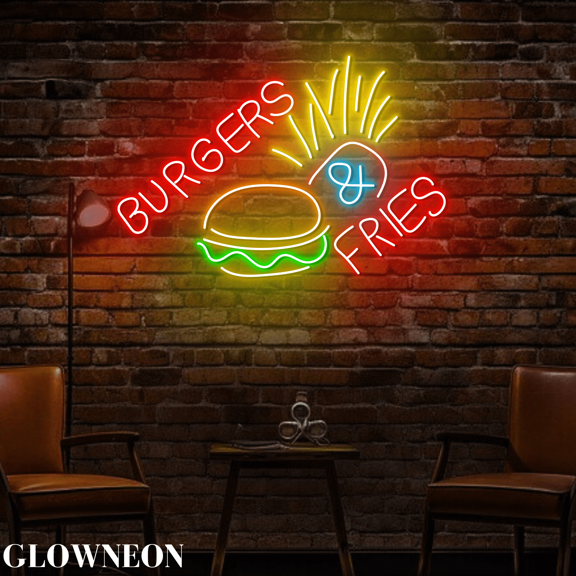 Glowneon Burgers And Fries Led Light, Fast Food Restaurant Wall Decor ...