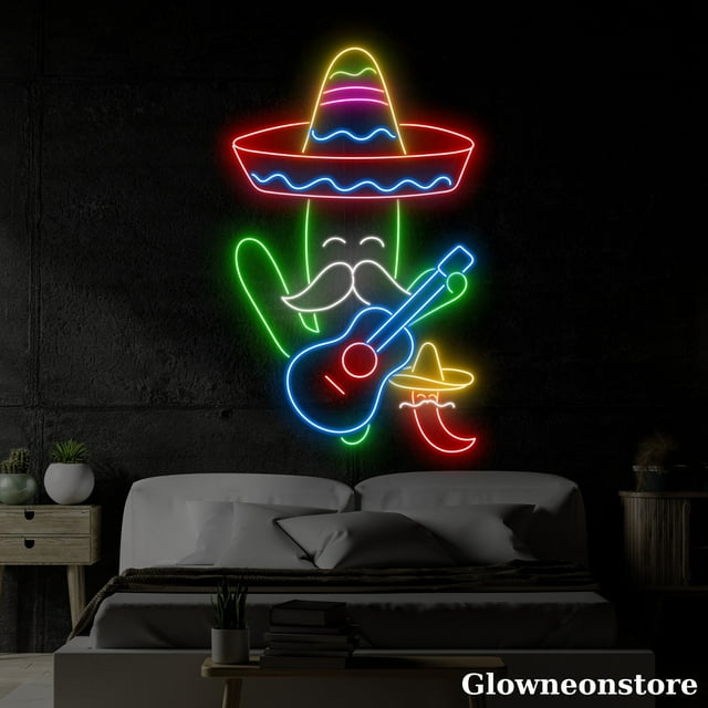 Glowneon Cactus Playing Guitar Neon Sign, Cactus Sombrero Hat Led Sign ...