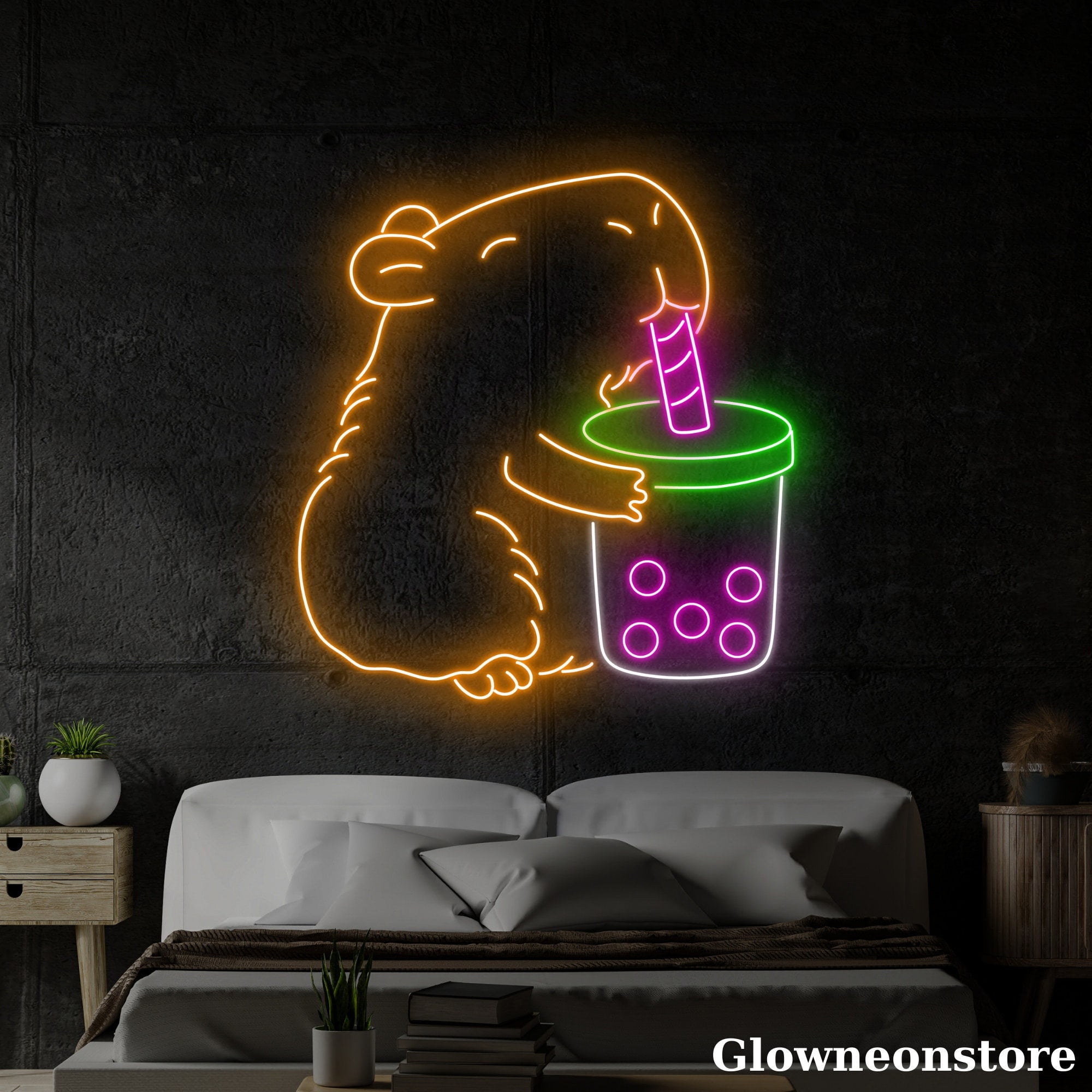 Glowneon Capybara Bubble Tea Neon Sign, Bubble Tea Led Sign, Capybara ...