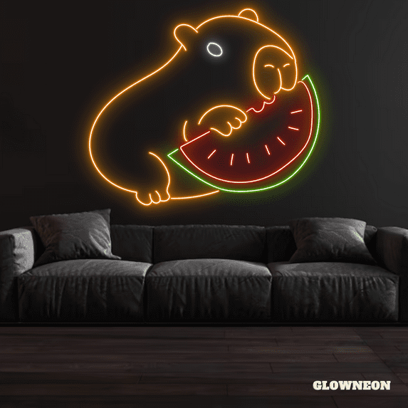 Glowneon Capybara Eating Watermelon Neon Sign, Capybara Wall Decor ...