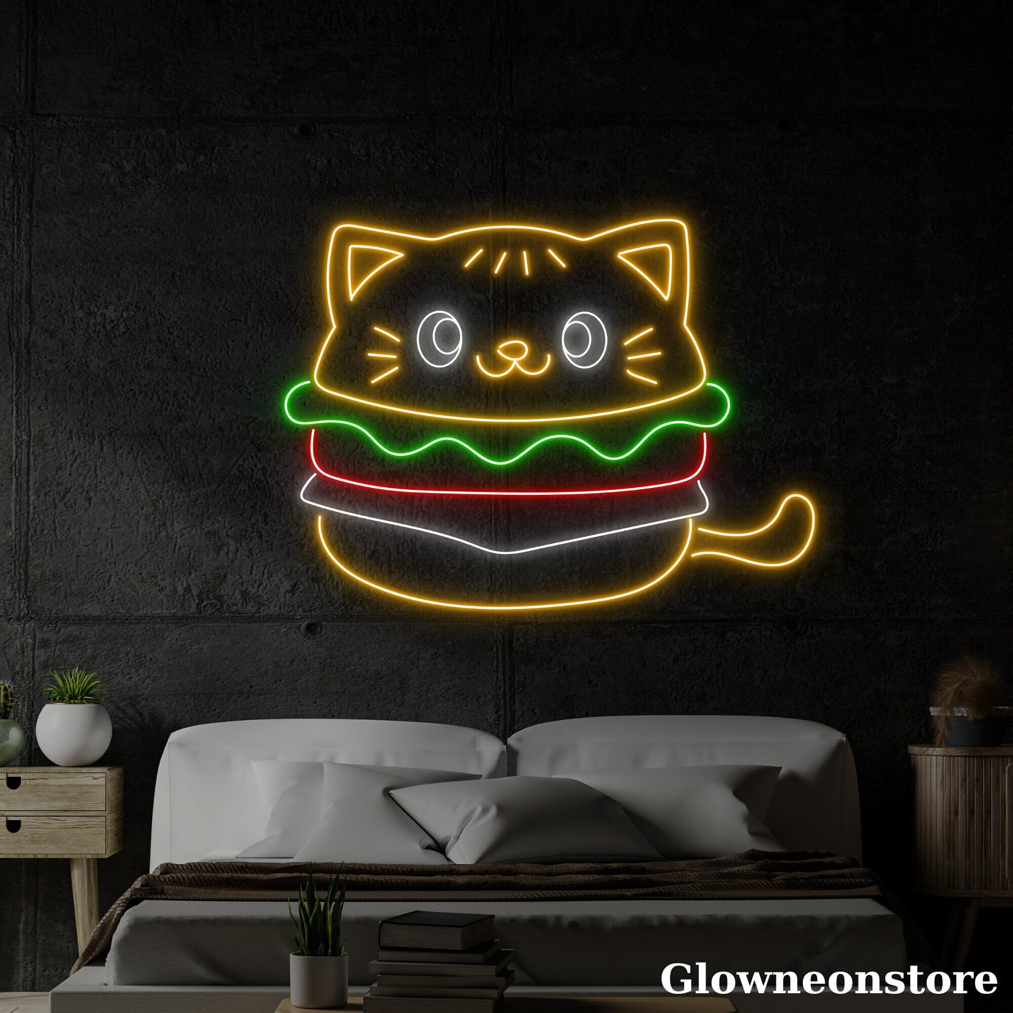 Glowneon Cat Burger Neon Sign, Hamburger LED Sign, Restaurant Decor ...