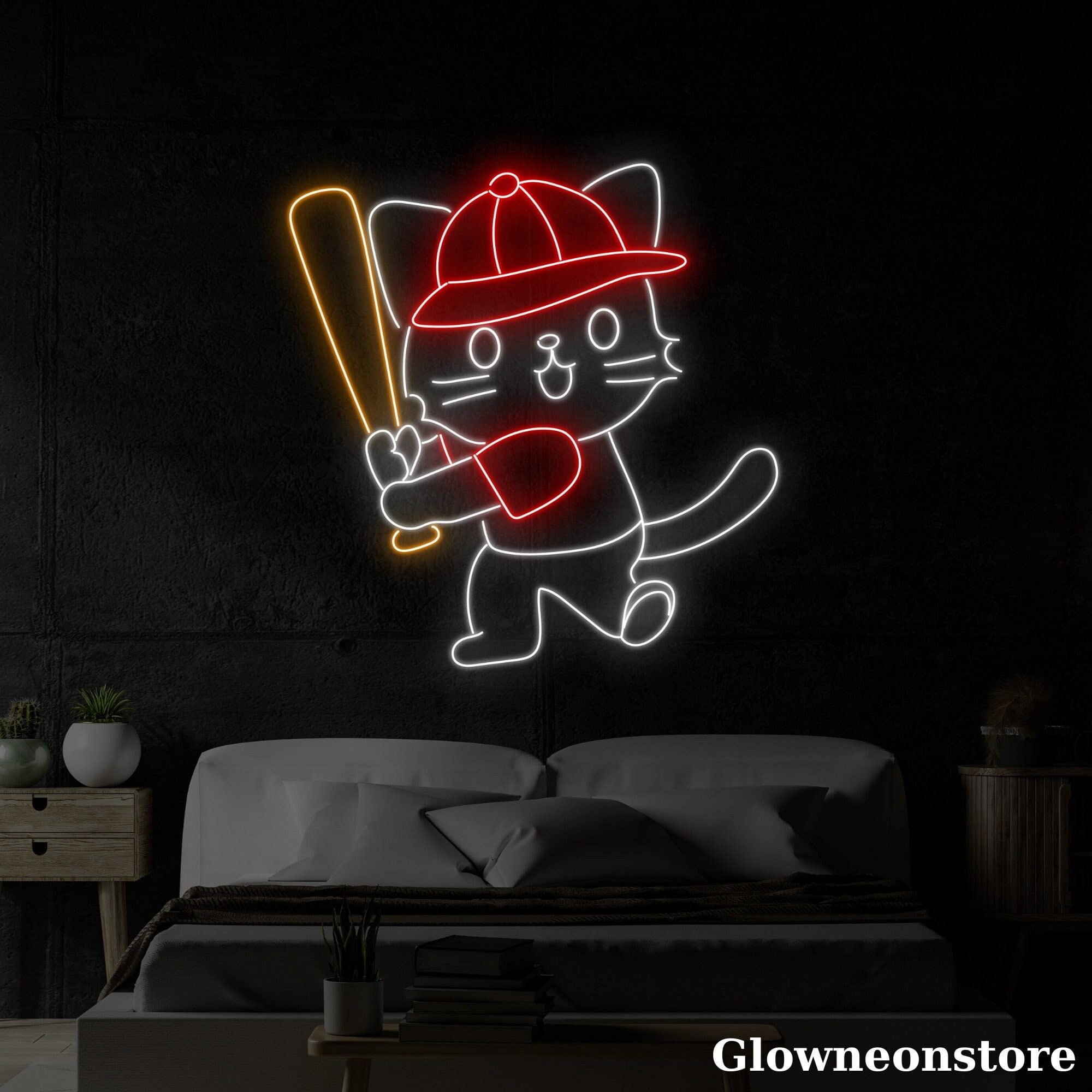 Glowneon Cat Playing Baseball Neon Sign, Baseball Led Sign, Baseball ...