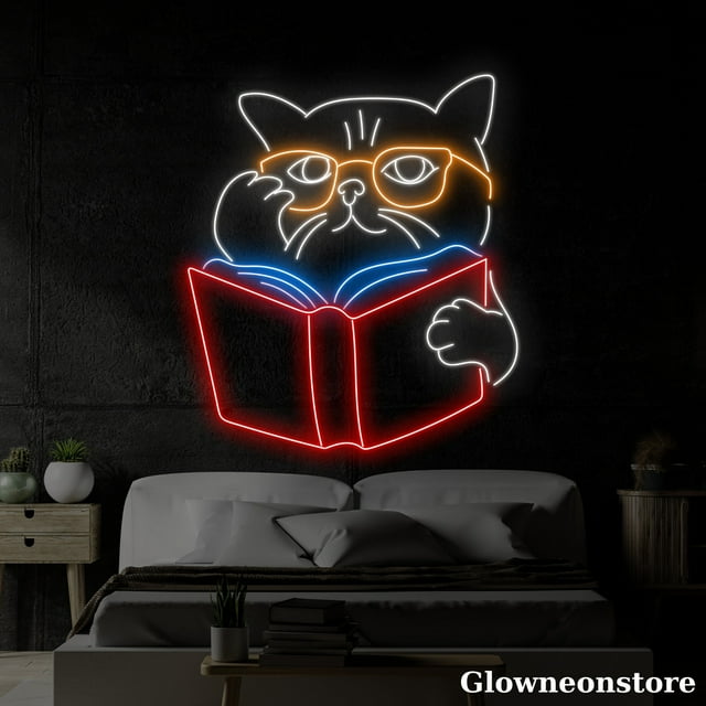 Glowneon Cat Reading Book Neon Sign, Book Led Sign, Custom Books Neon ...