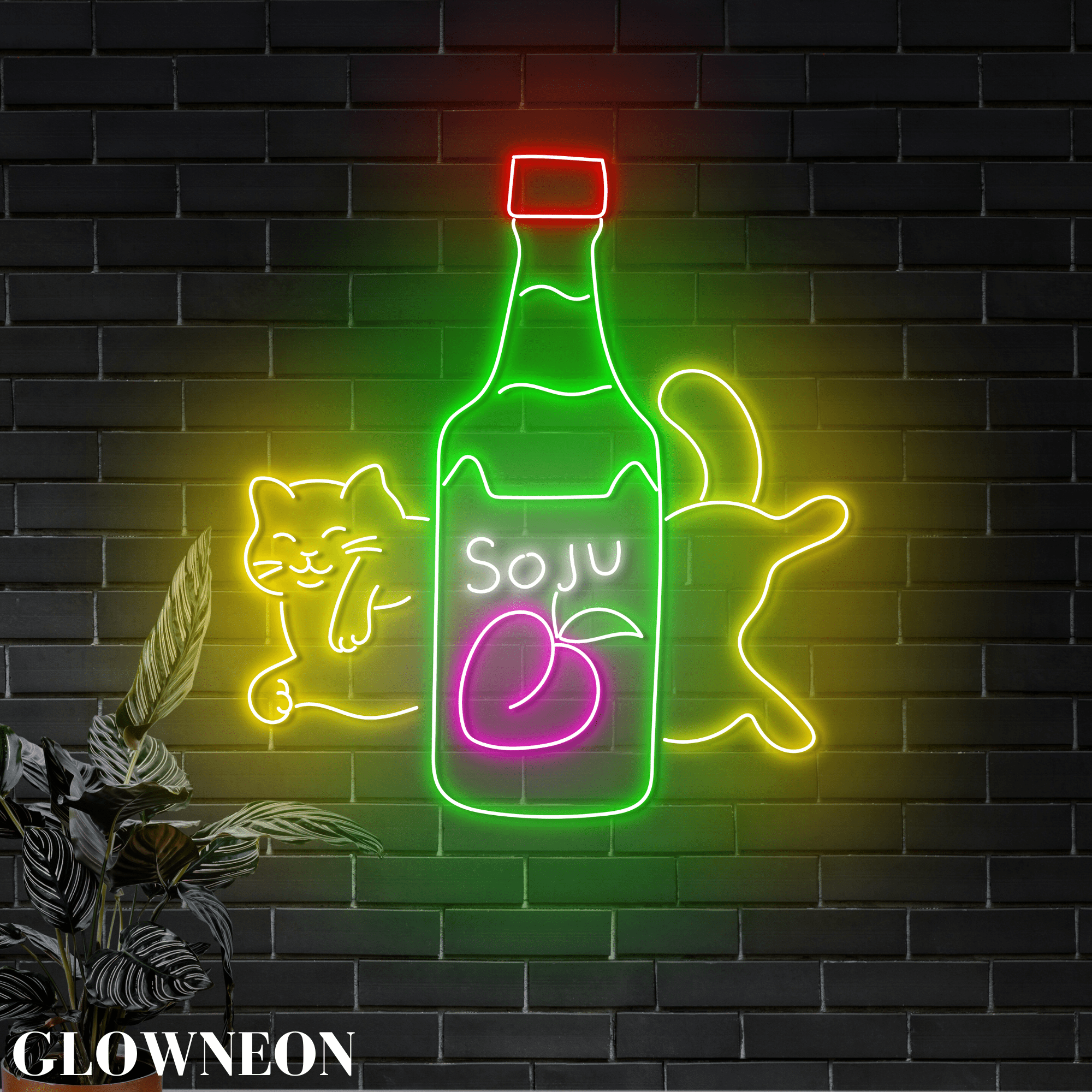 Glowneon Cat Soju Bottle Wall Led Light, Korean Soju Bar Led Wall Art ...