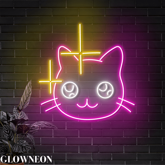 Glowneon Cat With Star Led Sign, Cat Face Neon Light, Kid Room Decor ...