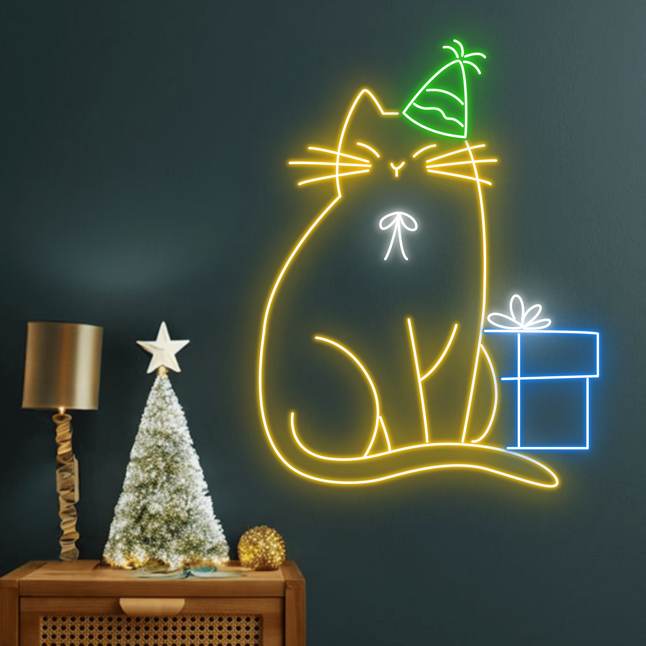 Glowneon Cat w/ Gift Box NEon Sign, Christmas Decor, Gift Shop Decor ...