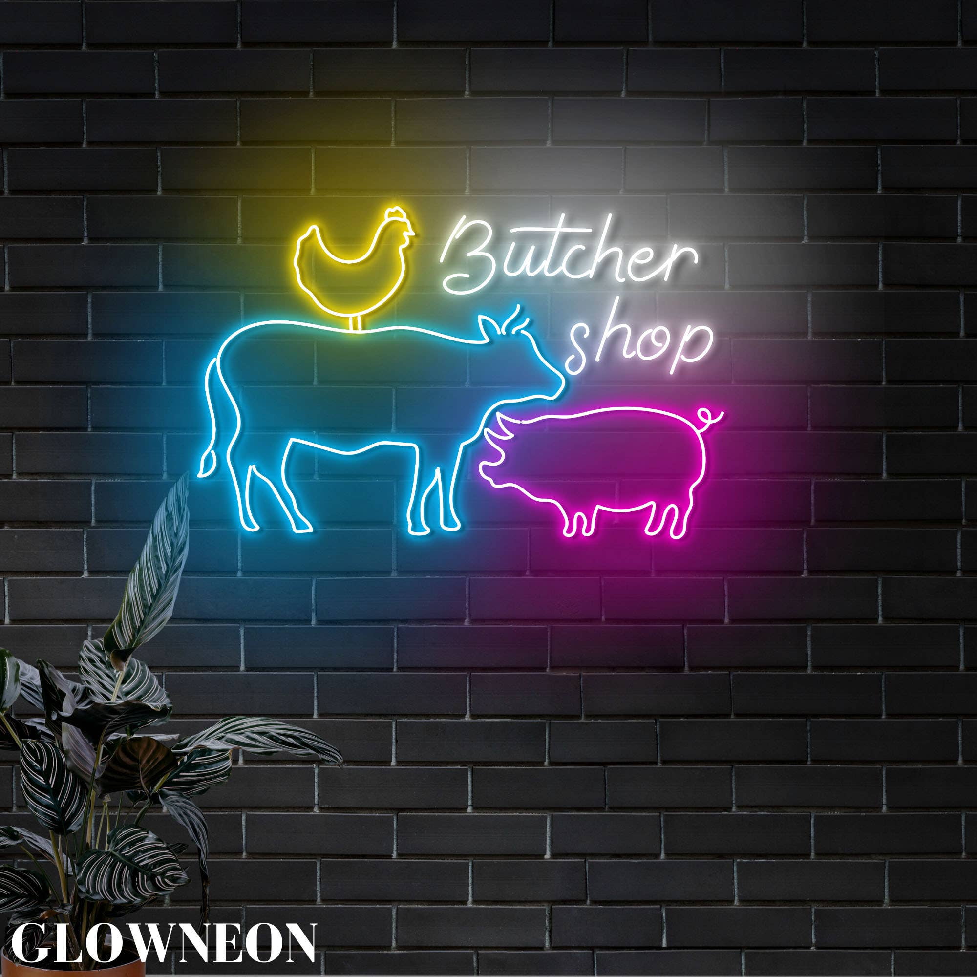Glowneon Chicken Cow Pig Neon Lights For Butcher Meat Shop Wall Decor ...
