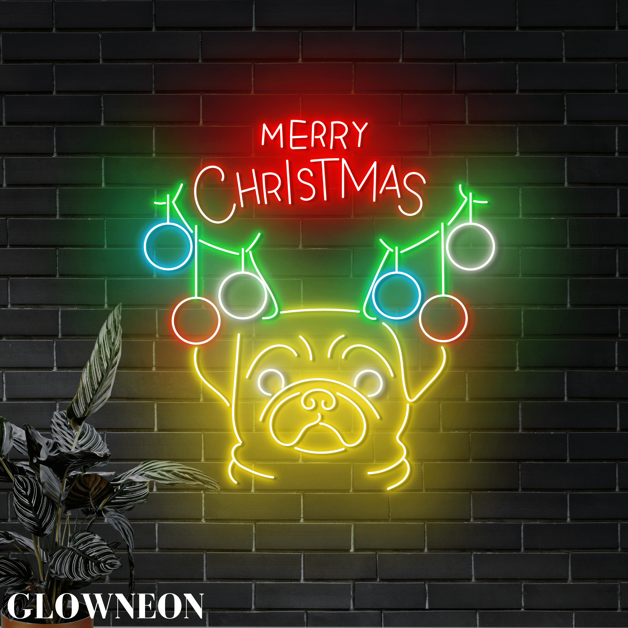 Glowneon Christmas Pug Dog Reindeer Neon Wall Decor, Dog Clinic Decor ...