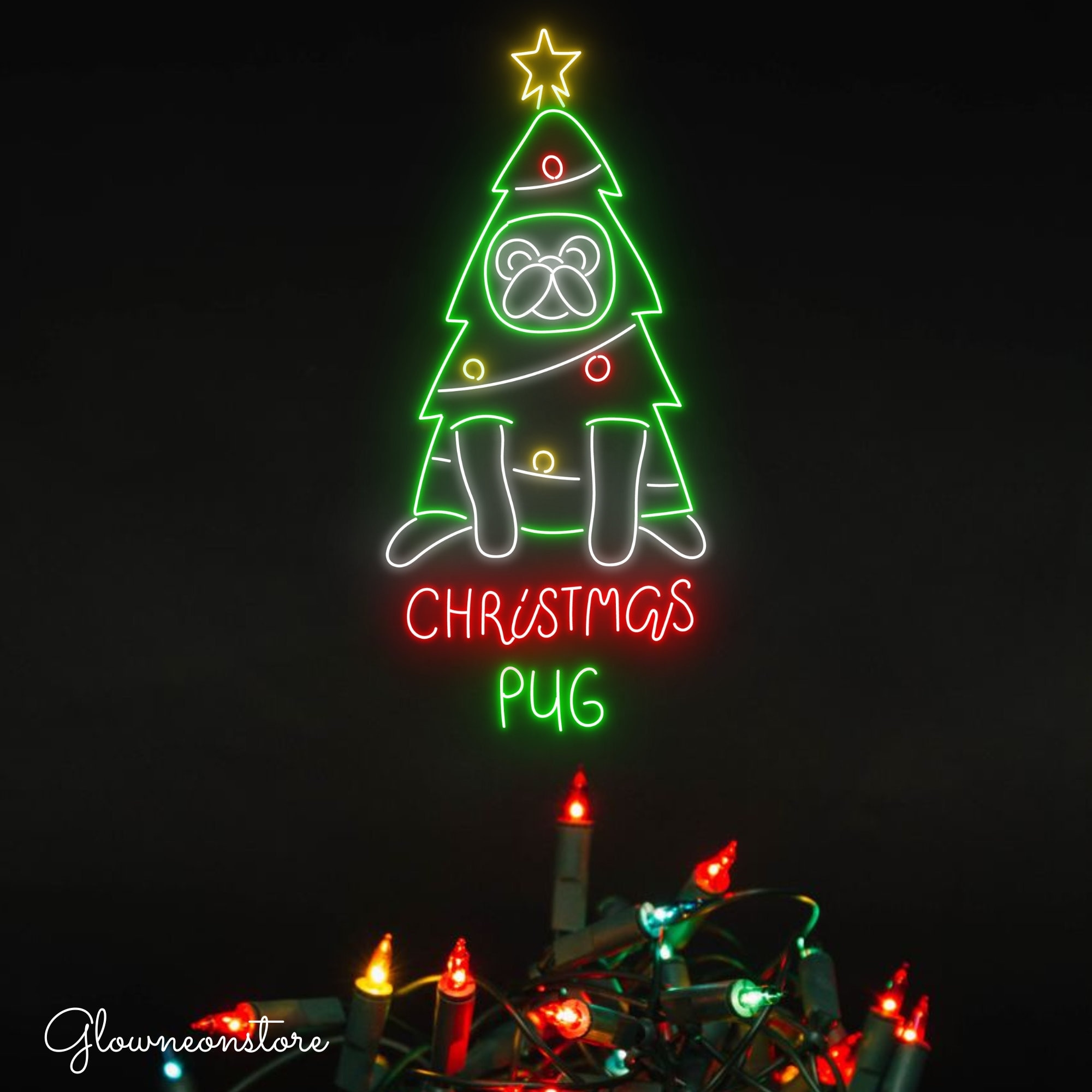 Glowneon Christmas Pug Neon Sign, Christmas Pug Led Sign, Tree ...