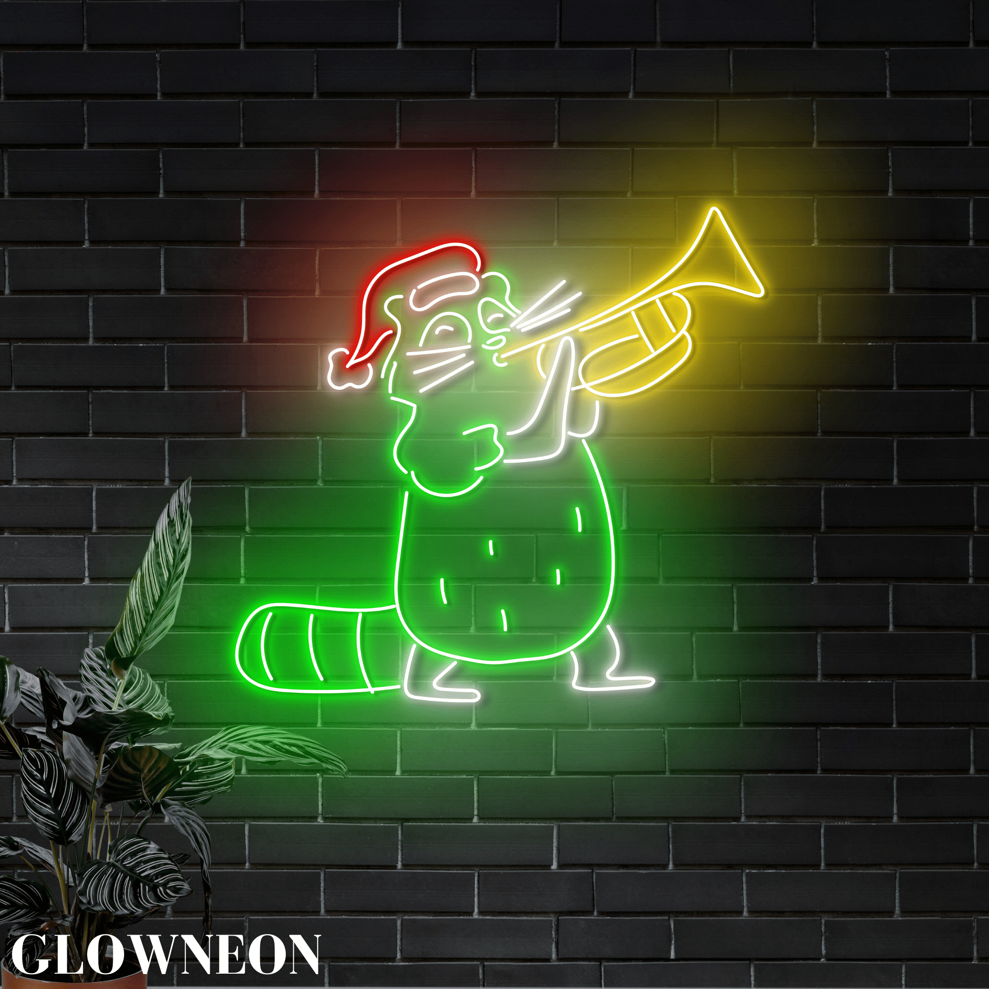 Glowneon Christmas Raccoon Blows Trumpet Led Wall Art, Christmas Sign ...
