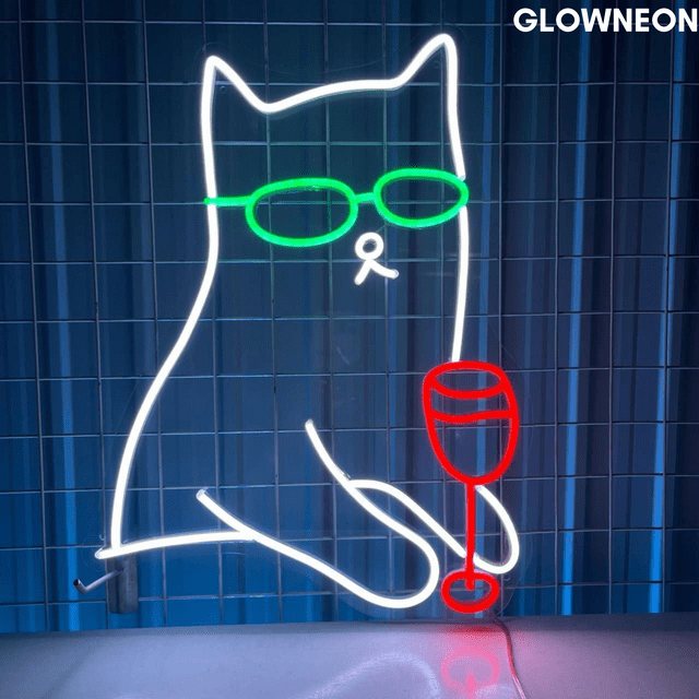 Glowneon Cool Cat Drink Wine Led Signs Wine Bar Pub Neon Wall Decor
