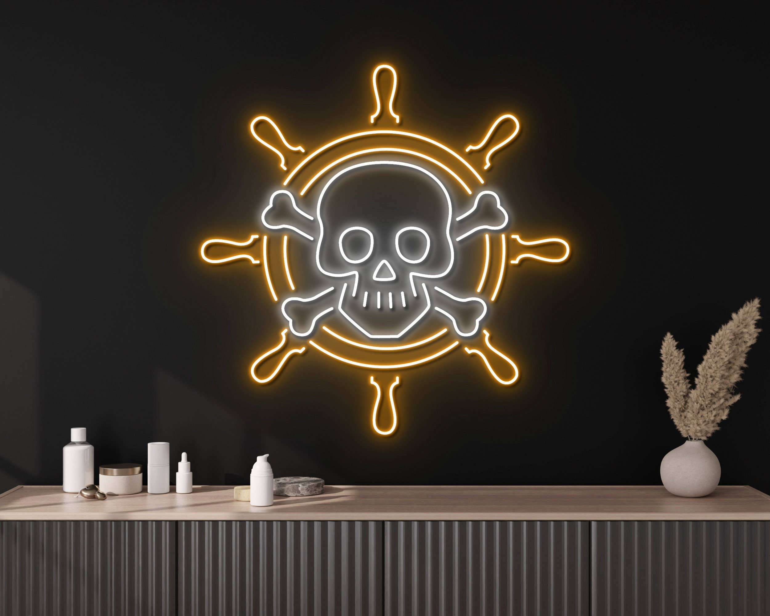 Glowneon Cool Skull Head Neon Sign, Head Skull Pirate Privateer Decor ...