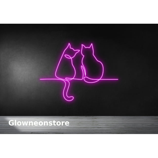 Glowneon Couple Cats Neon Sign, Couple Cats Led Light, Cat Line Art ...
