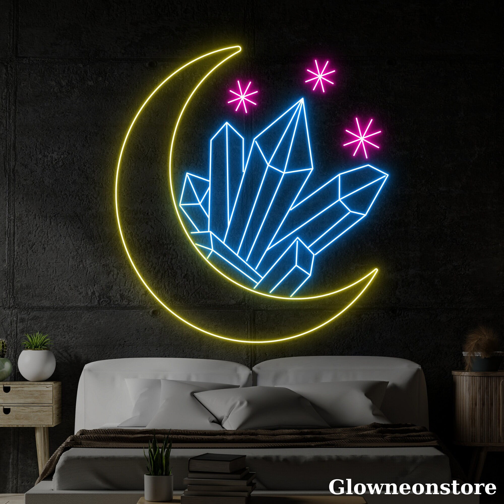 Glowneon Crescent Diamond Neon Sign, Diamond Moon Led Sign, Crescent ...