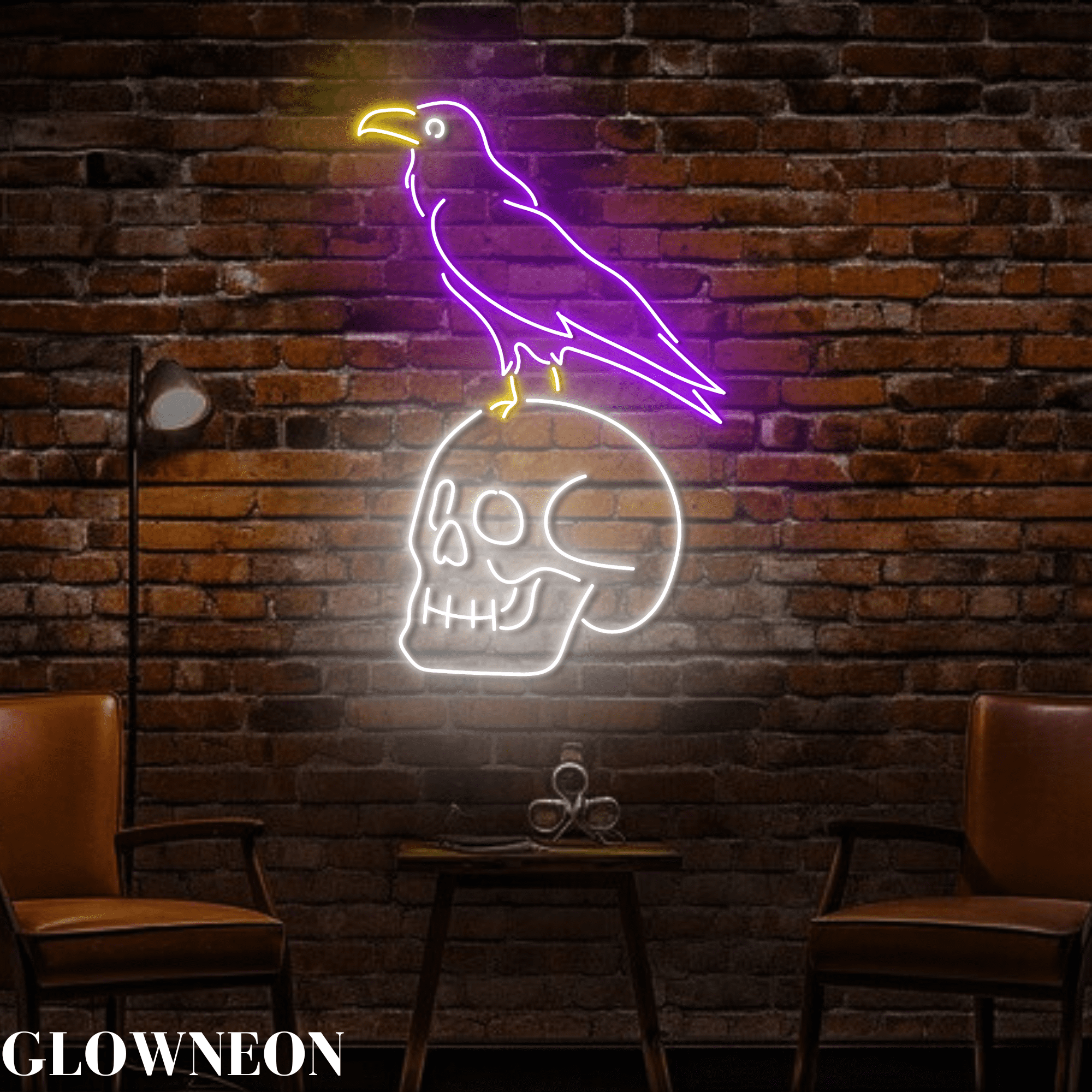 Glowneon Crow Sitting On Skull Decor, Raven Led Sign, Home Bar Decor ...