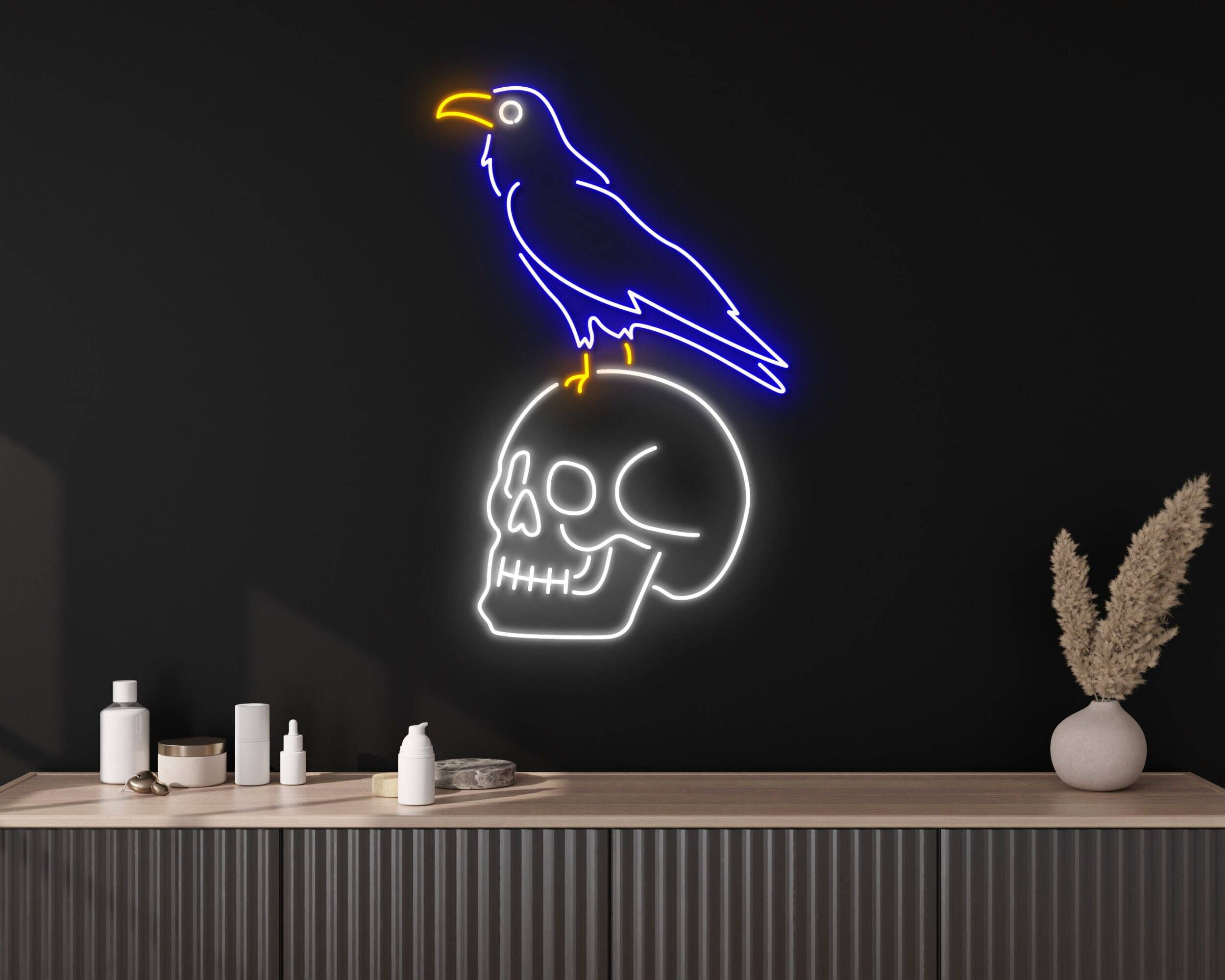 Glowneon Crow Sitting Skull Calaveras Neon Sign, Halloween Gift Decor ...