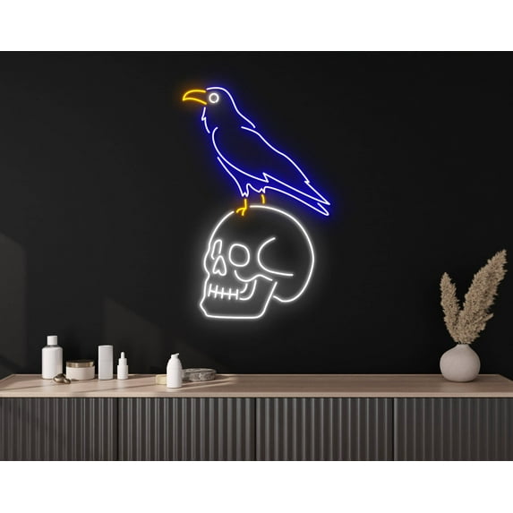 Glowneon Crow Sitting Skull Calaveras Neon Sign, Halloween Gift Decor ...