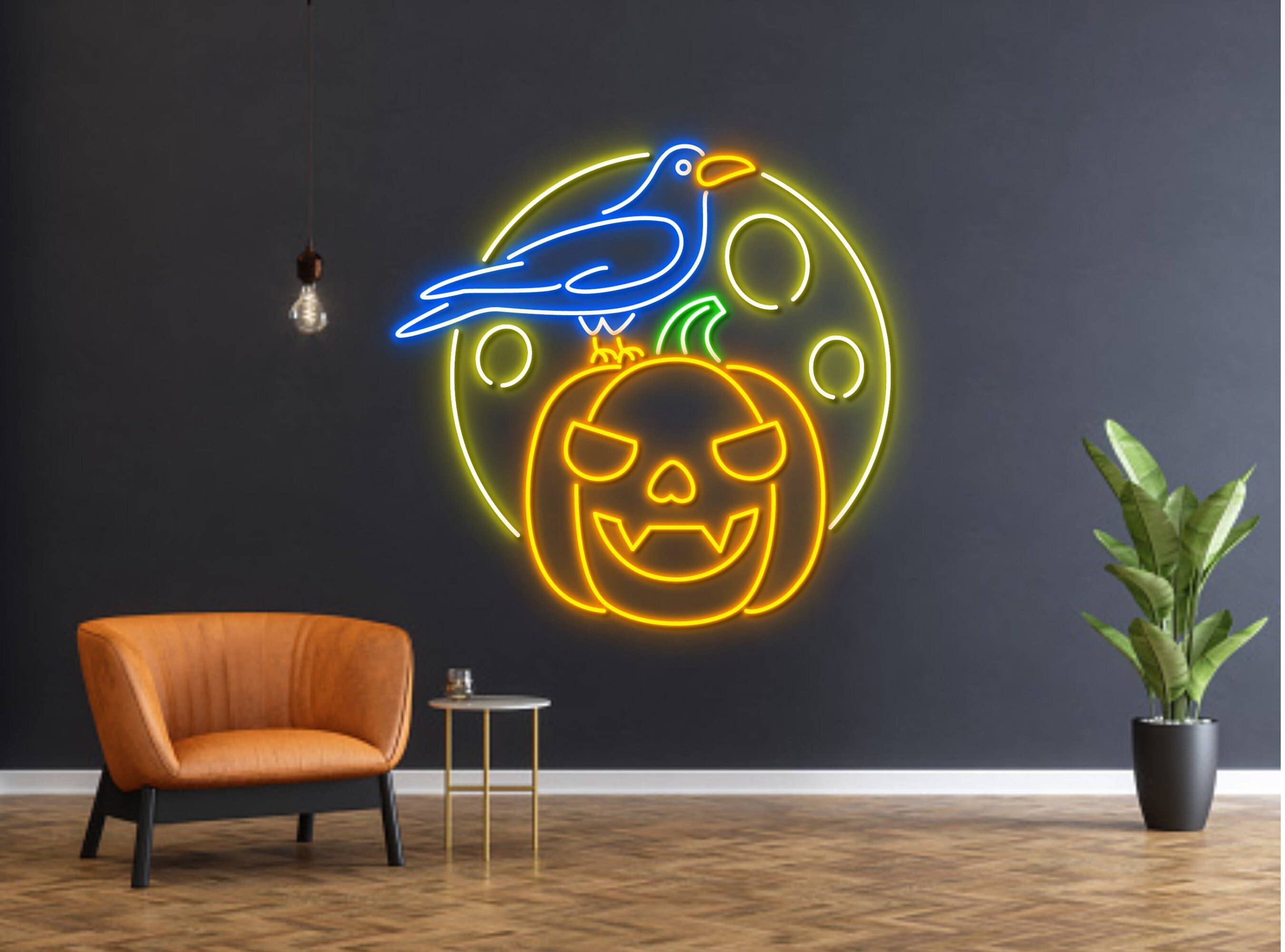 Glowneon Crow Stand In Pumpkin Neon Sign, Wall Art Halloween Decor ...