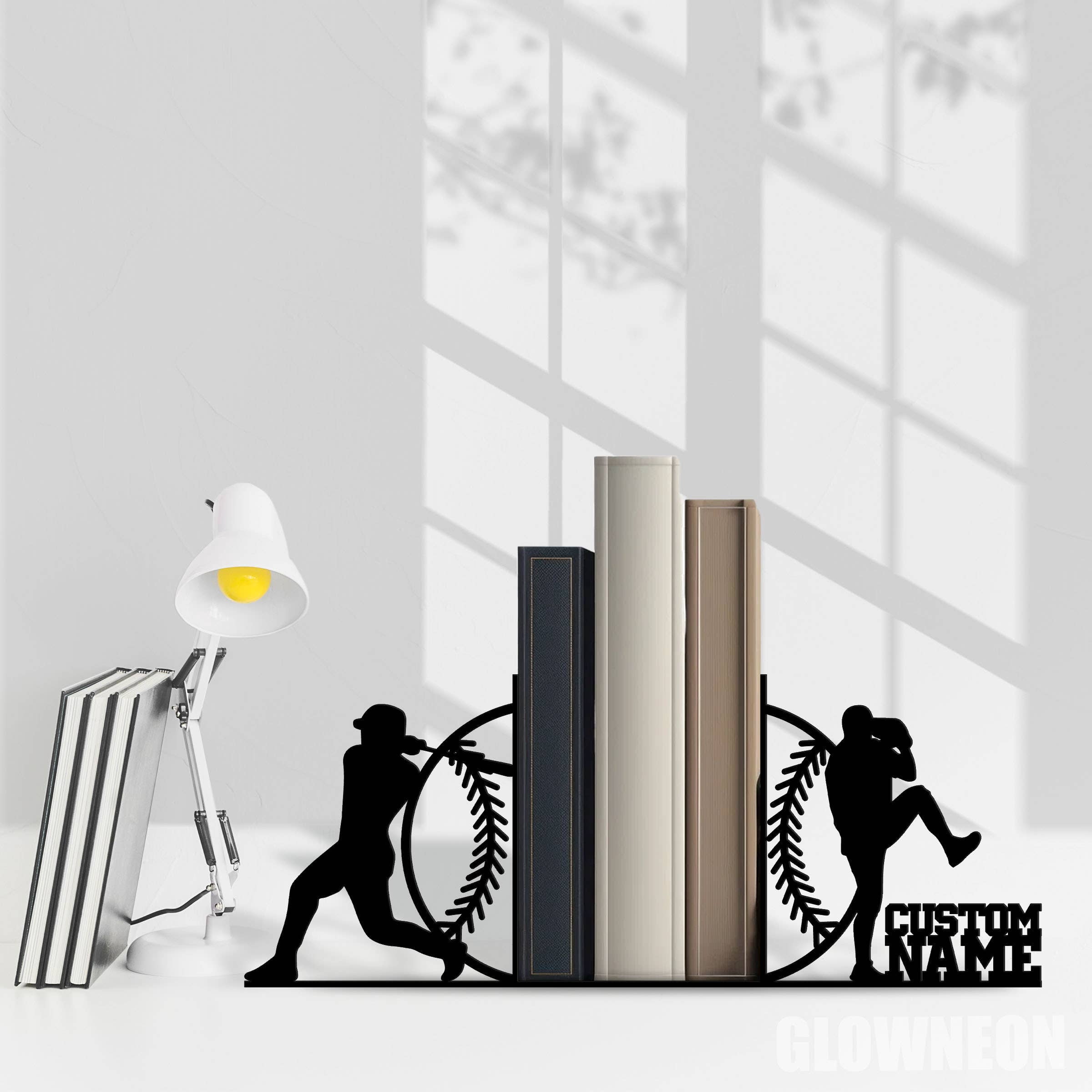 Glowneon Custom Baseball Player Black Bookends, Book Nook Metal Sign ...