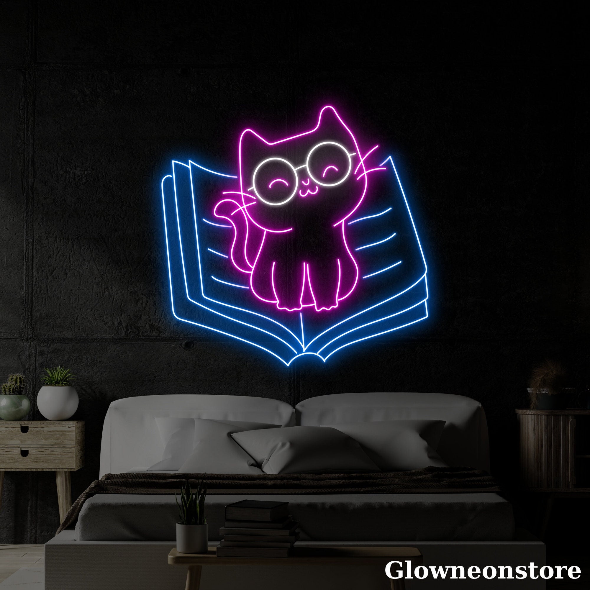 Glowneon Cute Cat And Book Neon Sign, Book Led Sign, Book Neon Light ...