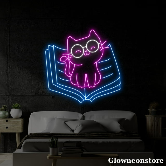 Glowneon Cute Cat And Book Neon Sign, Book Led Sign, Book Neon Light ...