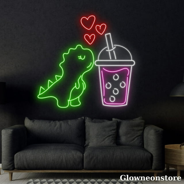 Glowneon Dinosaur Bubble Tea Neon Sign, Bubble Tea Led Sign, Boba Tea ...