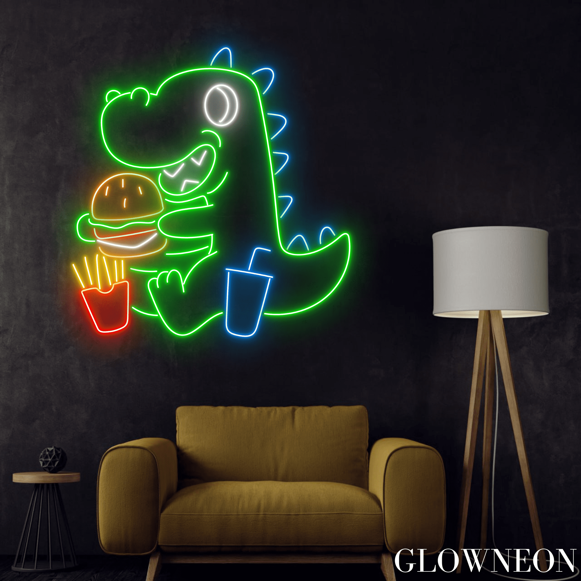 Glowneon Dinosaur French Fries Neon Sign, Burger Restaurant Led Decor ...