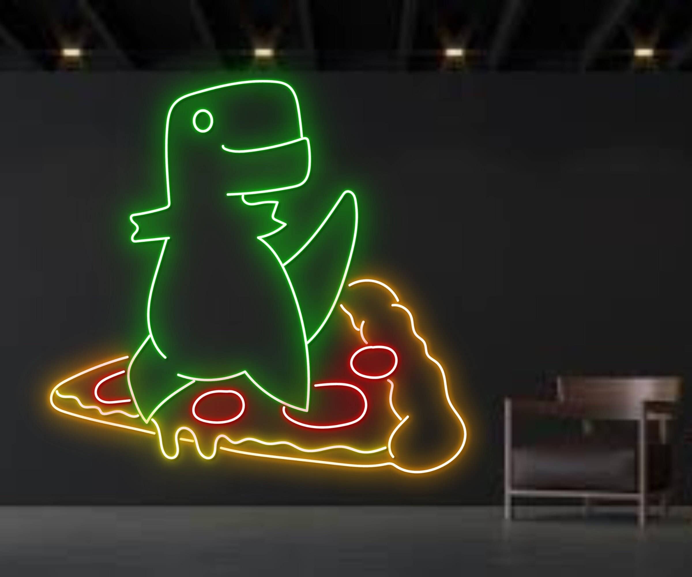 Glowneon Dinosaur With Pizza Neon Sign, Pizza Restaurant Wall Decor ...