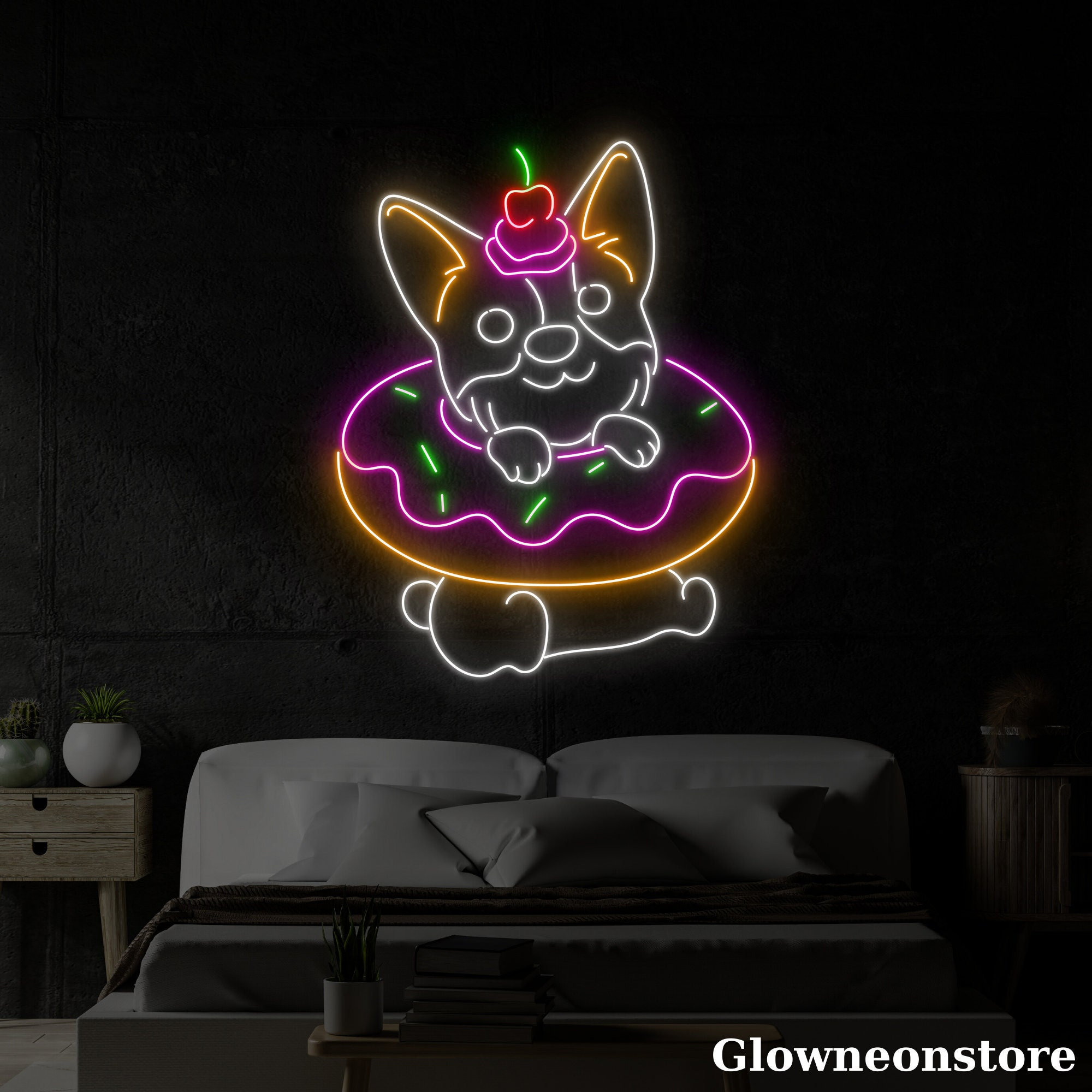 Glowneon Donut Baby Dog Neon Sign, Corgi Dog Donut LED Sign, Welcome ...