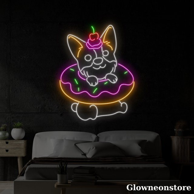 Glowneon Donut Baby Dog Neon Sign, Corgi Dog Donut LED Sign, Welcome ...