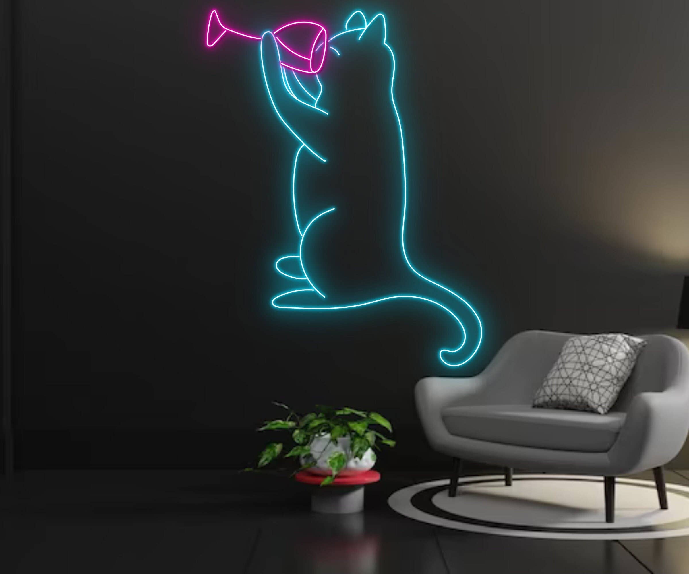 Glowneon Drinking Champagne Cat Line Art Neon Sign, Animal Wall Decor ...