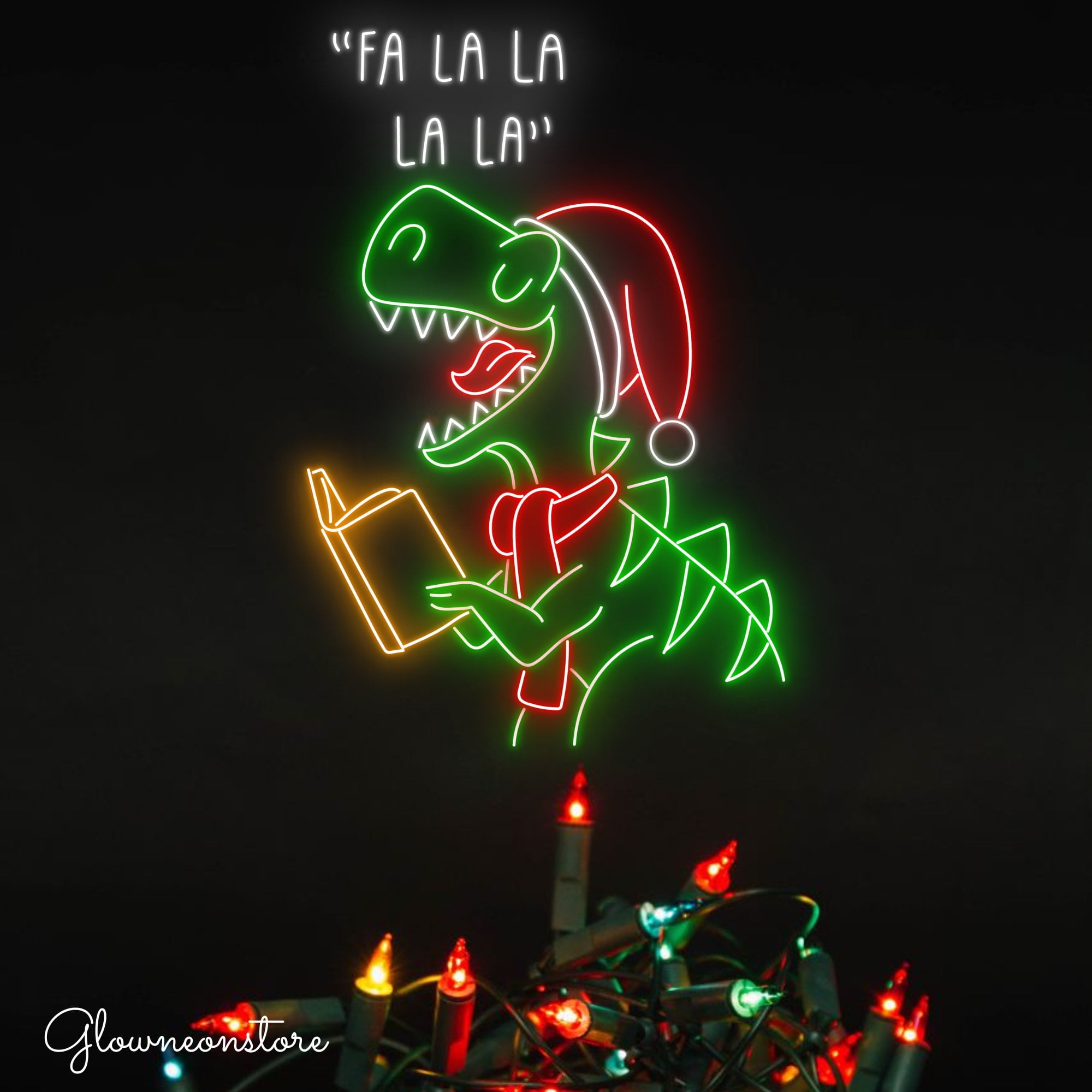 Glowneon Fa La La La La Neon Sign, Dinosaur Reading Book Neon Sign ...