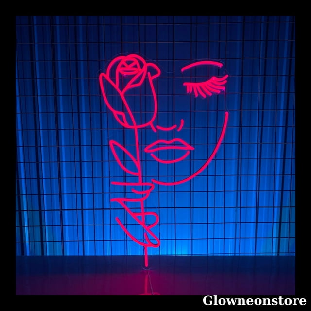 Glowneon Face Girl and Rose Neon Sign, Face Girl Flower Led Sign, Girl ...