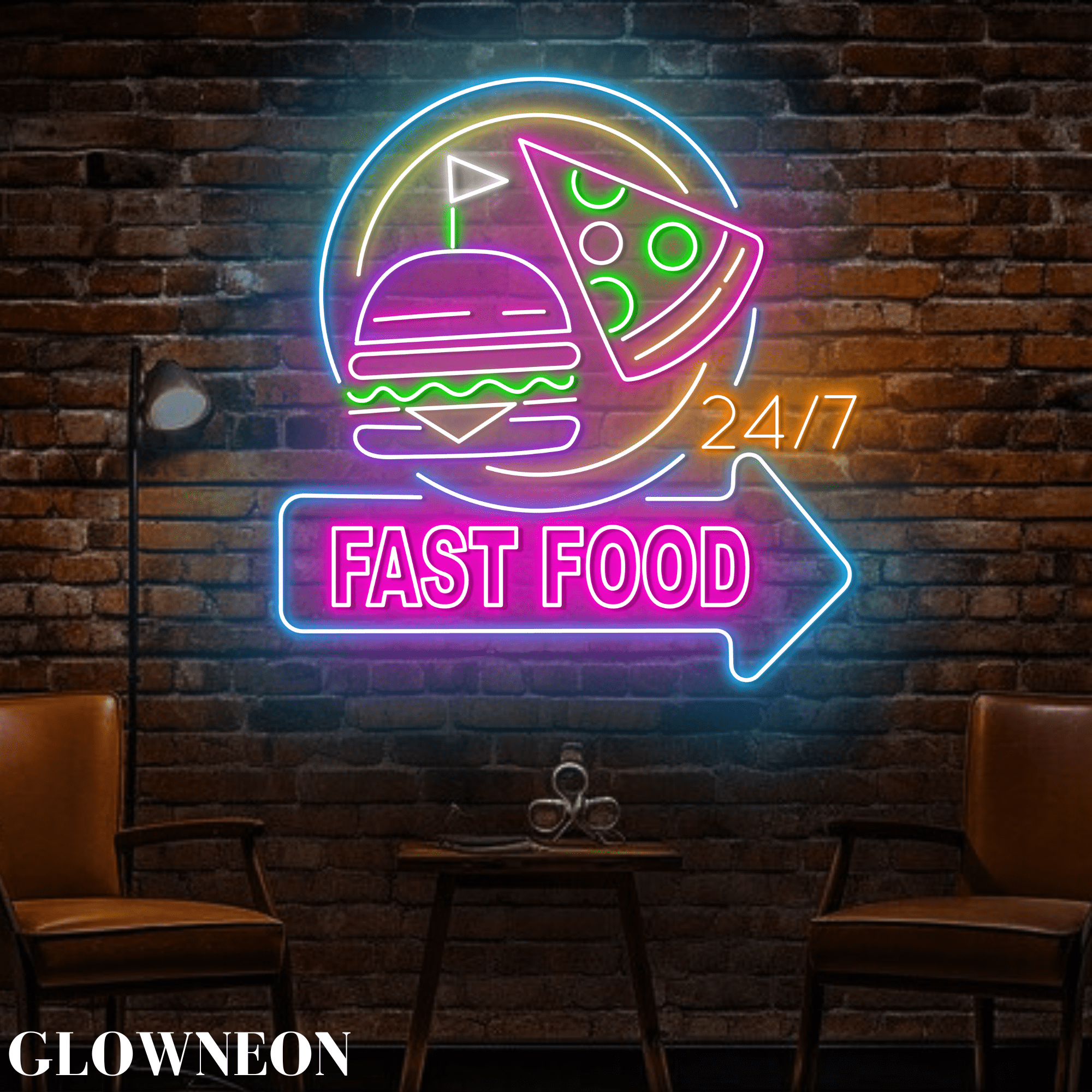 Glowneon Fast Food Shop 24/7 Neon Sign, Burger Pizza Restaurant Decor ...